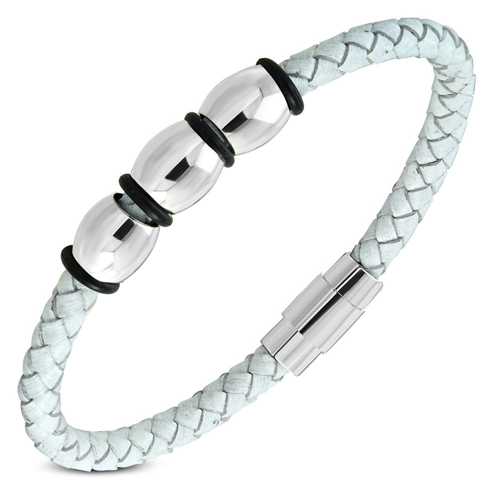 Stainless Steel Black Leather Silver-Tone Braided Mens Wristband ...