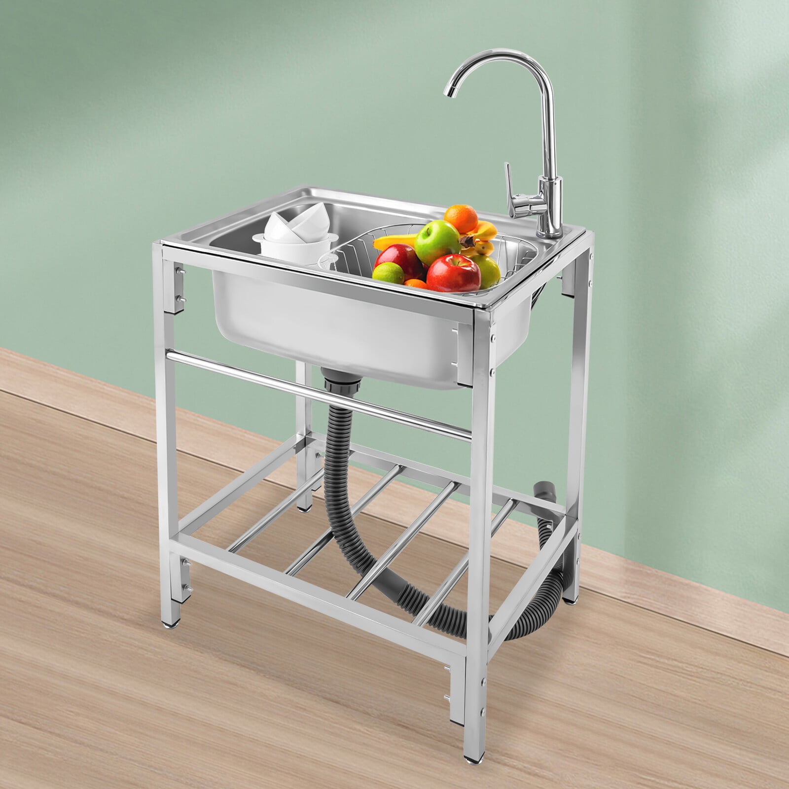 Stainless Steel Single Bowl Basin with Faucet, Kitchen Sink with Stand ...