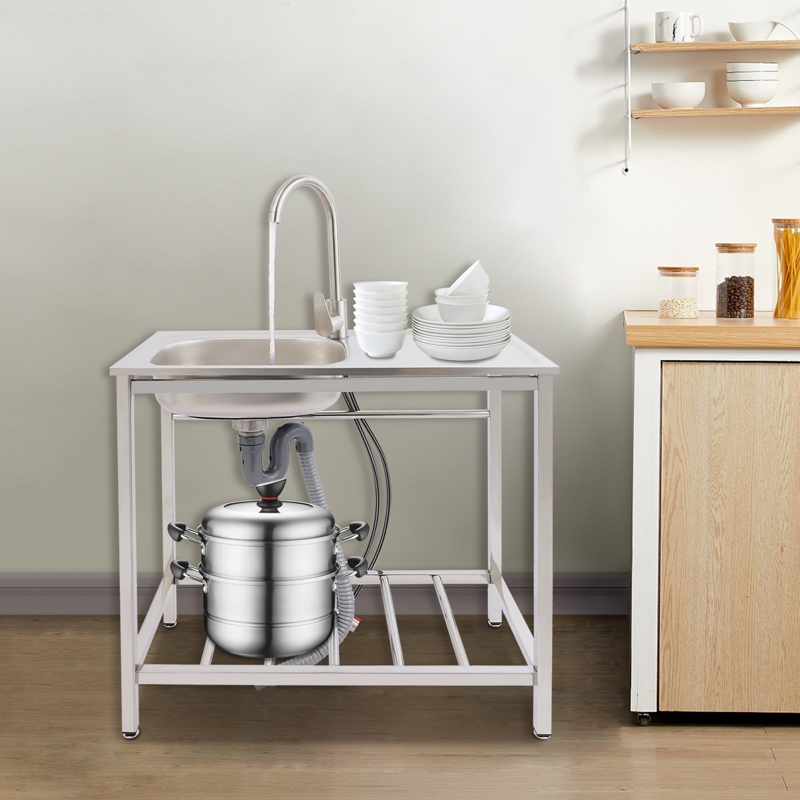 Stainless Steel Sink Free Standing Kitchen Sink with Storage Shelf ...