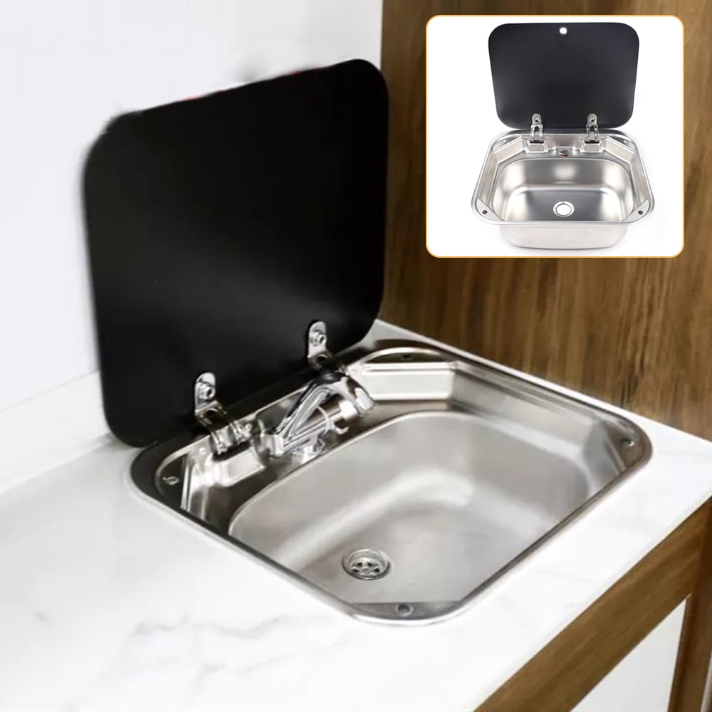Stainless Steel Sink Wash Basin w Glass Lid Faucet RV Caravan Camper ...