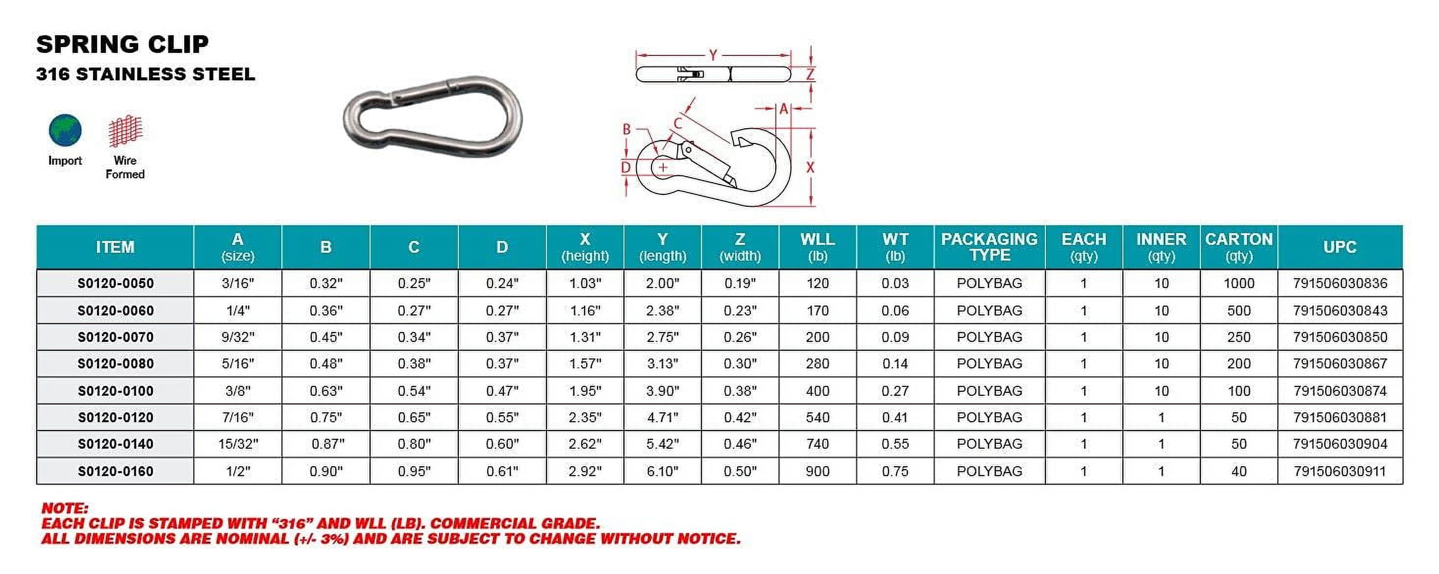 Stainless Steel Spring Snap Hook Carabiner Grade 316 SS (8 Different ...