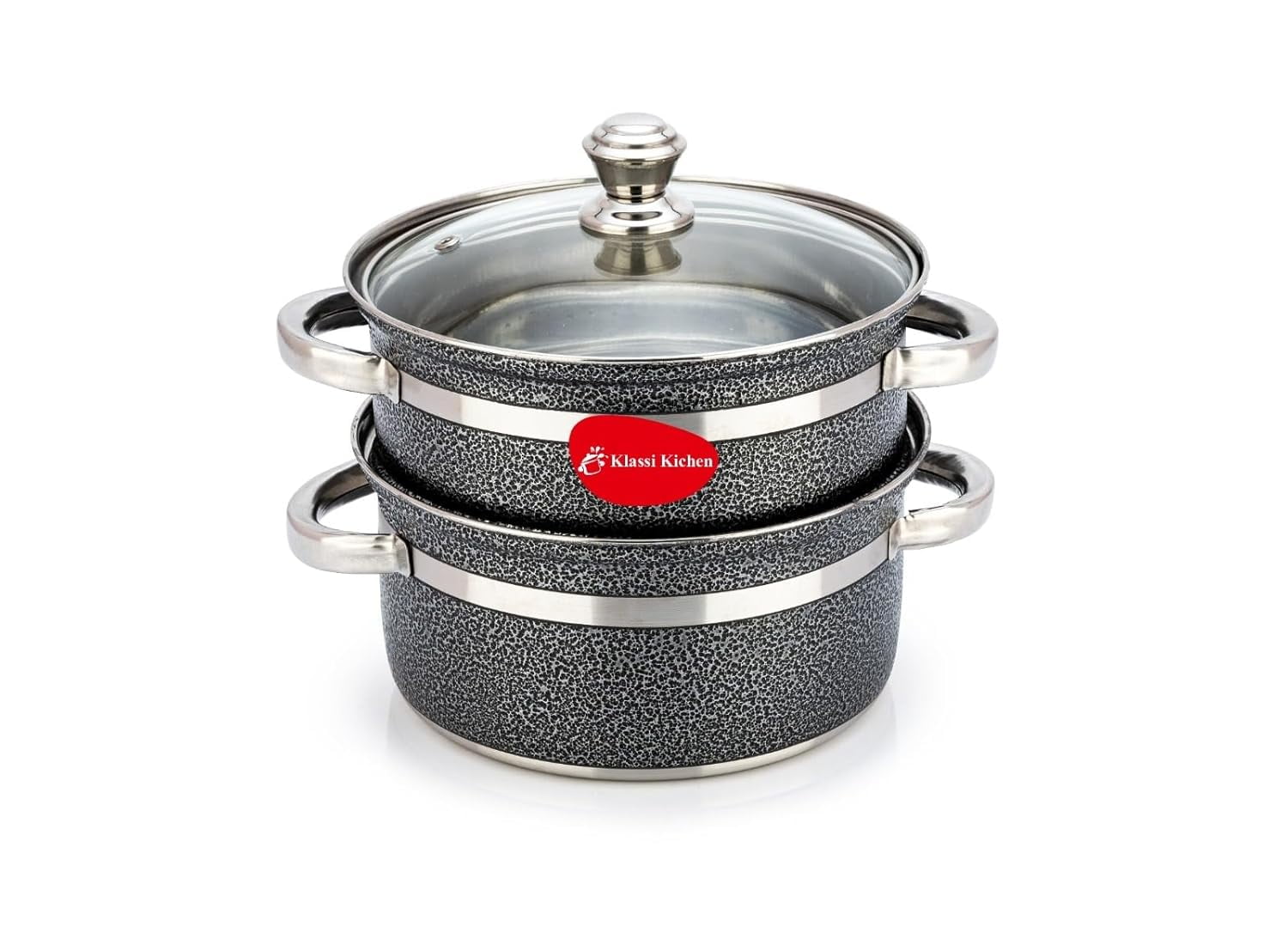 Stainless Steel Steamer With Glass Lid & Handles - Black, 2 Liters ...