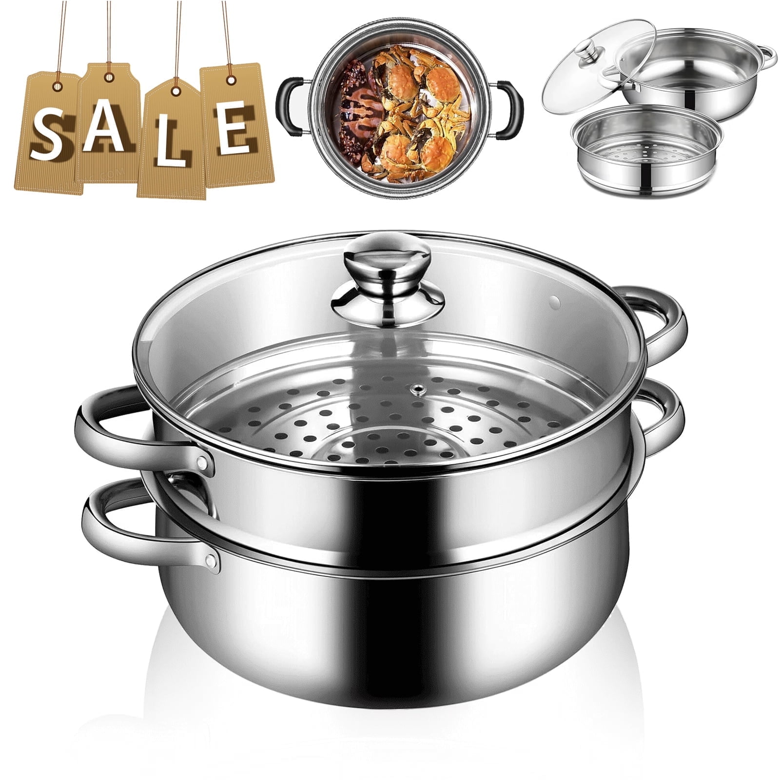 Stainless Steel Double Layer Steamer Pot with Handle and Glass Lid ...