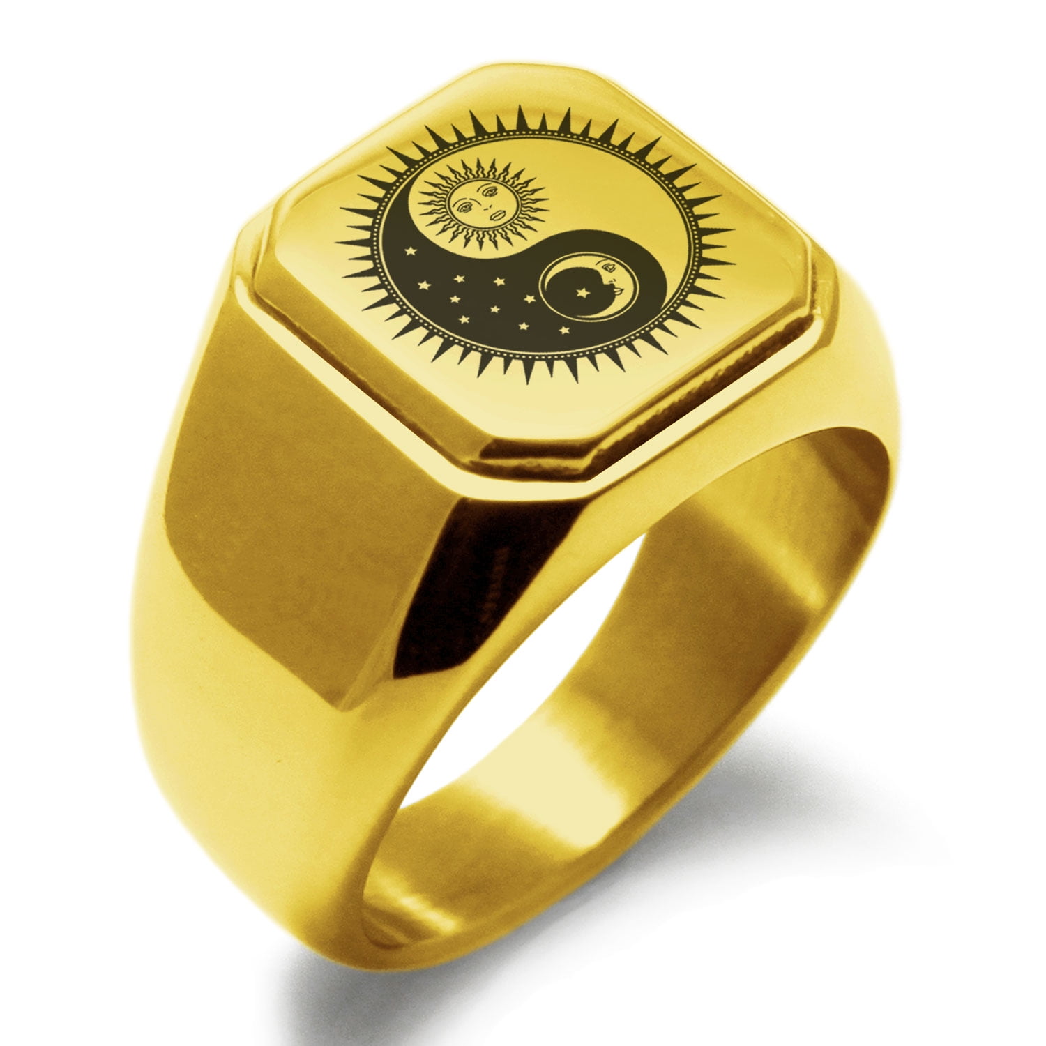 Tioneer Stainless Steel Sun & Moon Yin Yang Engraved Square Flat Top ...