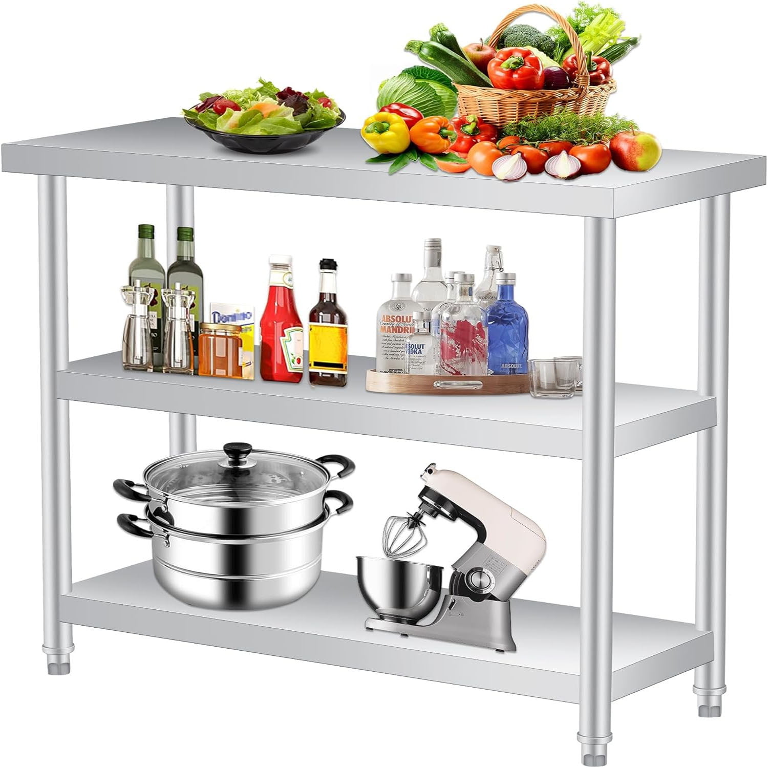 Stainless Steel Table, 14 x 24 x 34 Inch, 3-Tier Metal Prep Table with ...