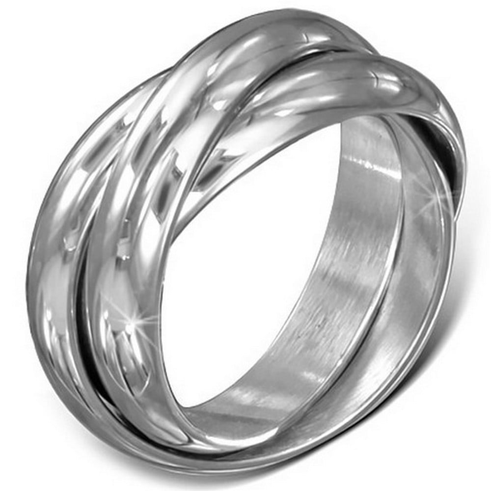 Stainless Steel Three Silver-Tone Interlocking Polished Ring Band Set ...