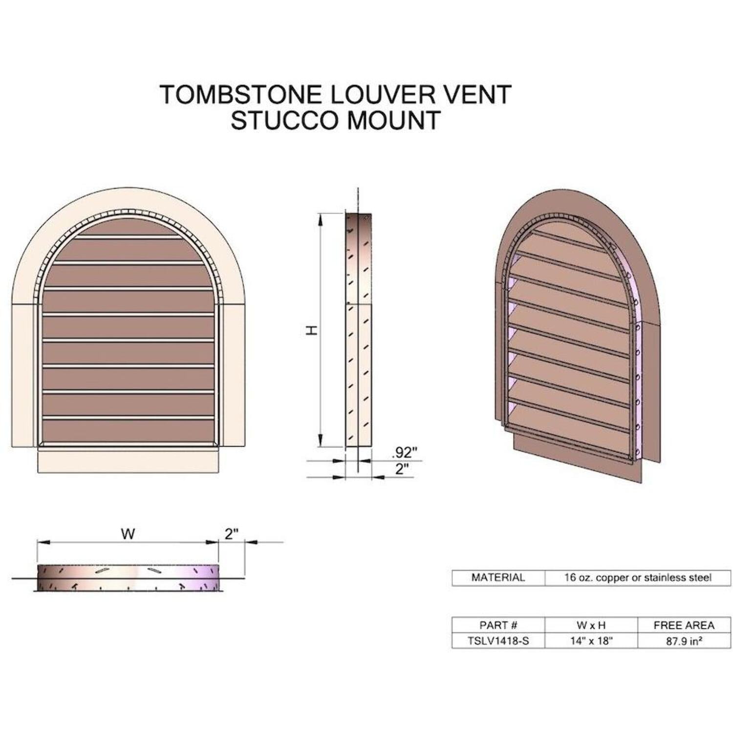 Hammered Copper Tombstone Louvered Gable Wall Vent Vent Size: 24" W x ...