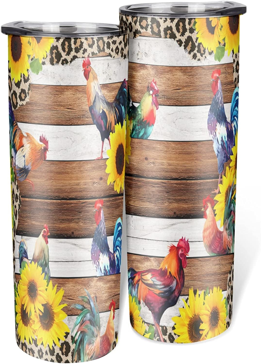 Stainless Steel Tumbler w/Lid and Straw Chicken Leopard Sunflower Wood ...