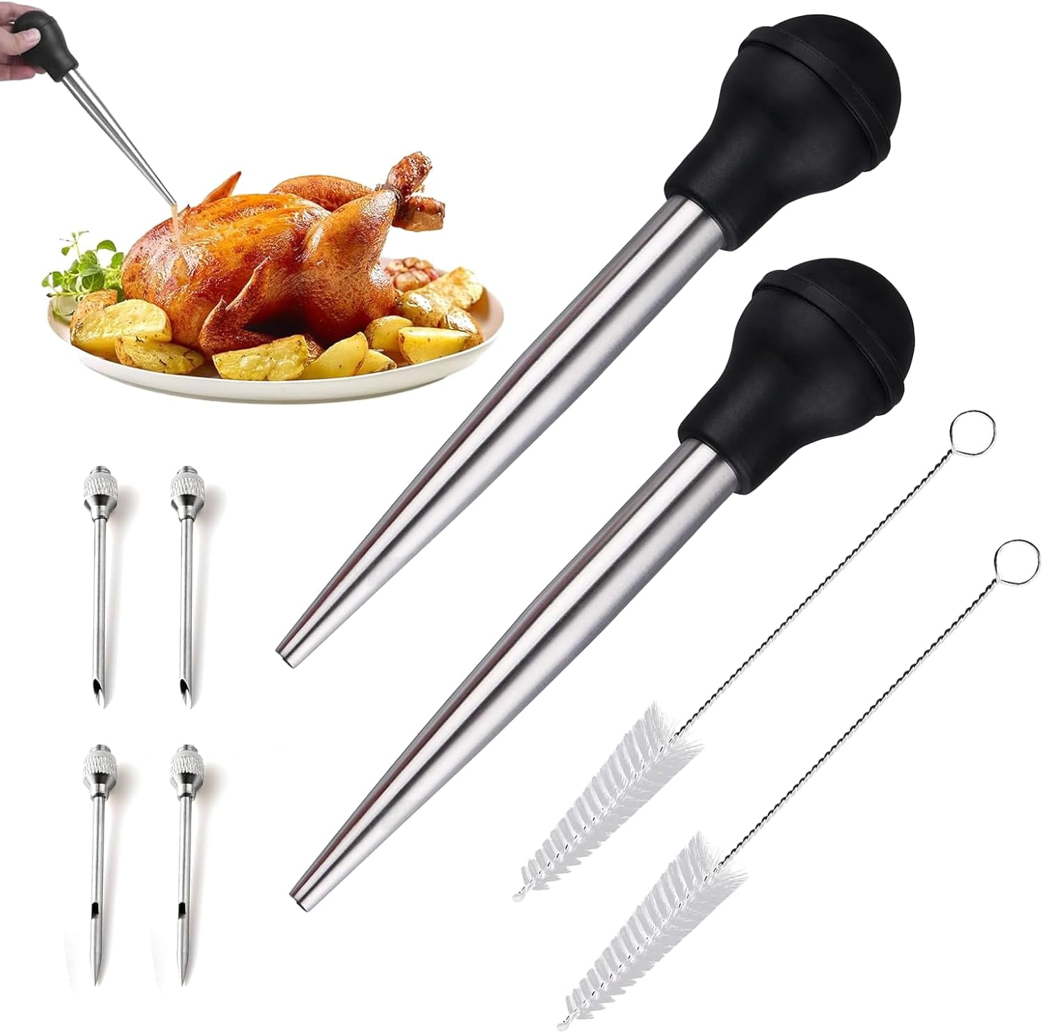 Stainless Steel Turkey Baster with Marinade Injector Bulbs &Cleaning ...