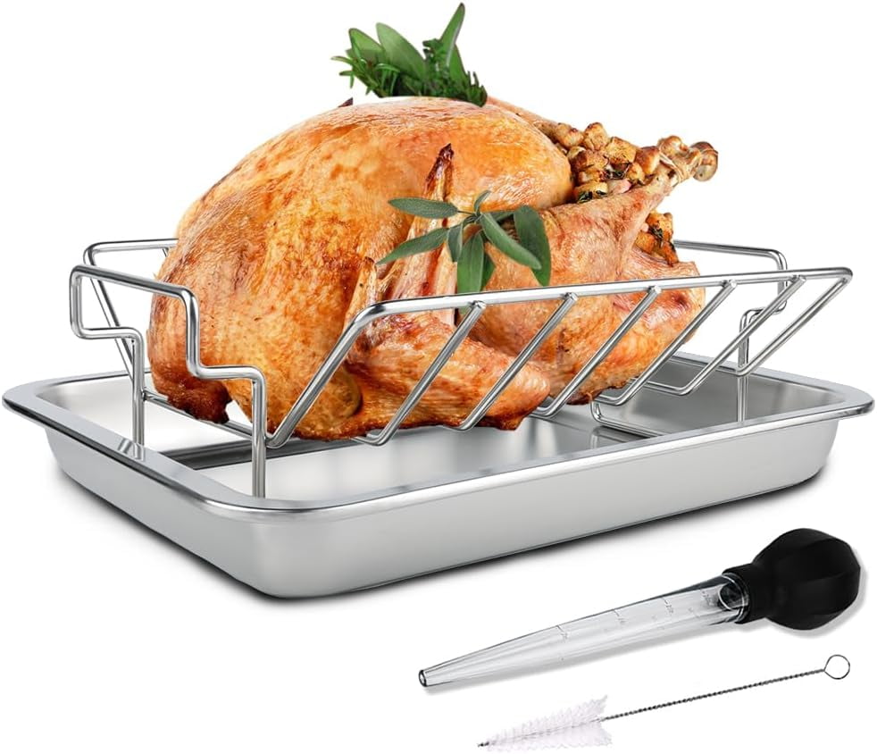 Stainless Steel Turkey Roaster Roasting Rack with Pan, Poultry Roaster ...