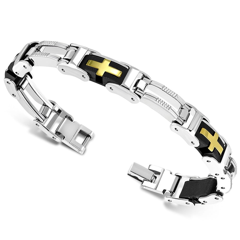 Stainless Steel Two-Tone Religious Cross Men's Medical ID Bracelet ...