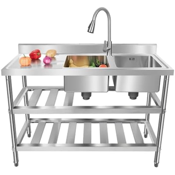 Stainless Steel Utility Sink Freestanding Double Bowl Sink w/Pullable ...