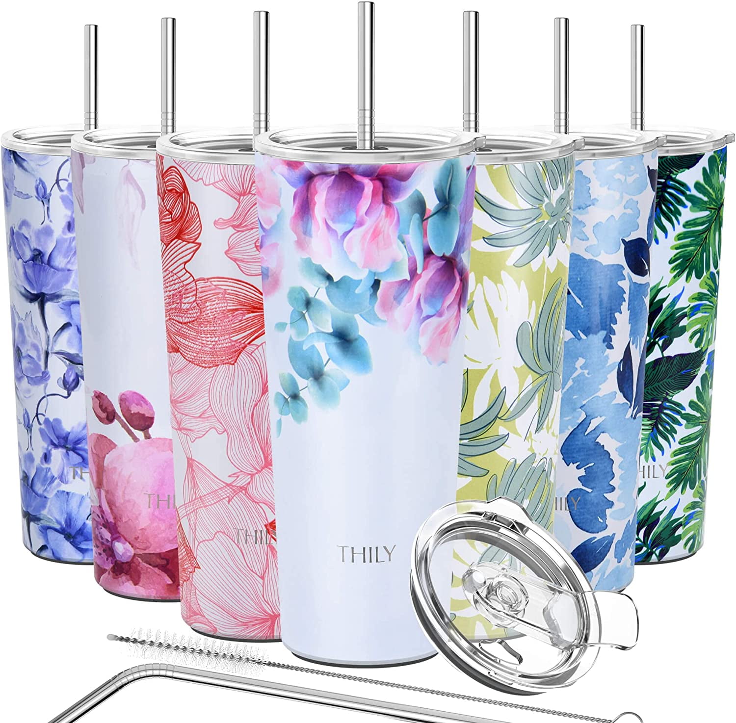 THILY 26 oz Vacuum Tumbler, Stainless Steel, 2 Lids & Straws, Pink ...