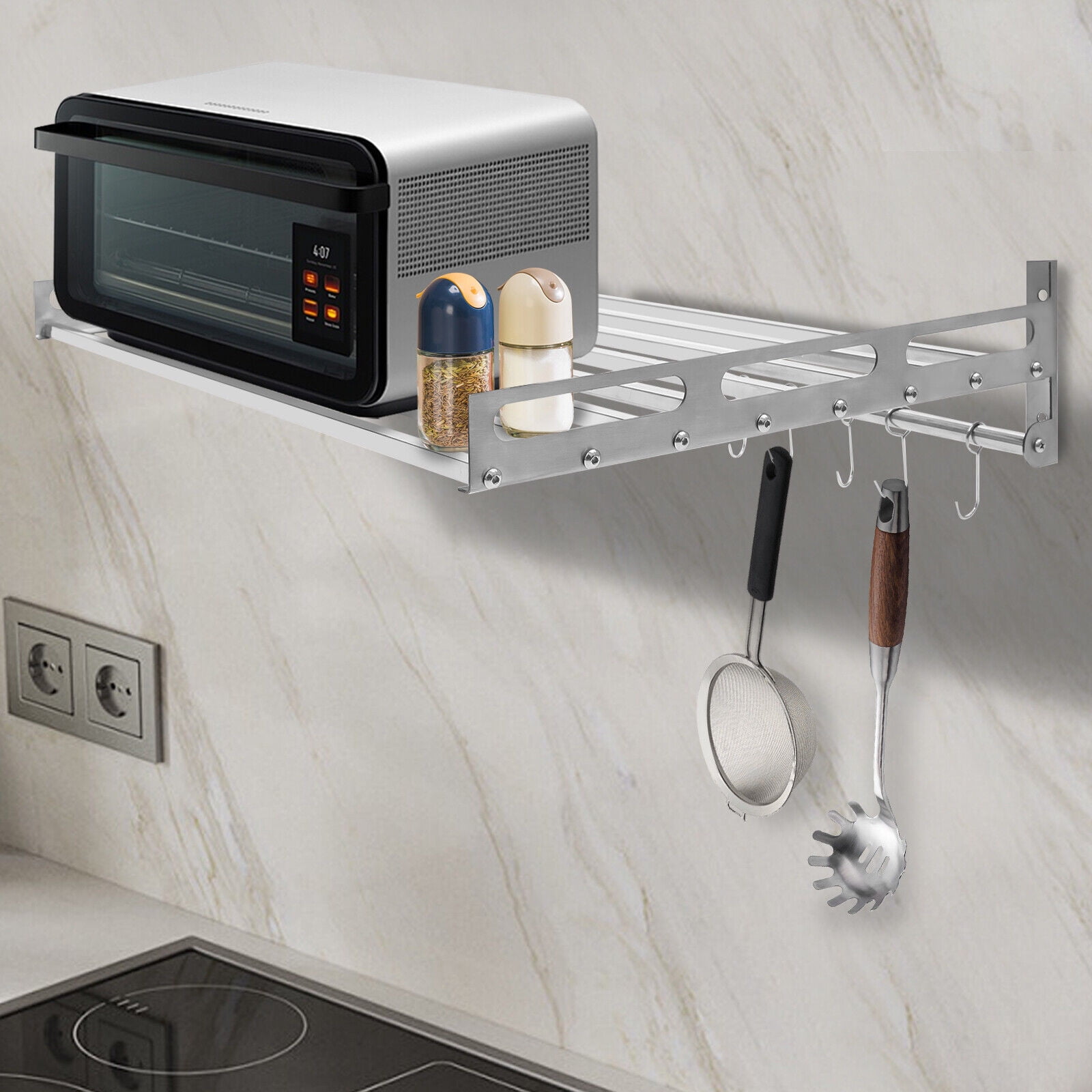 Stainless Steel Wall-Mounted Microwave Oven Shelf with 12 Hooks for ...