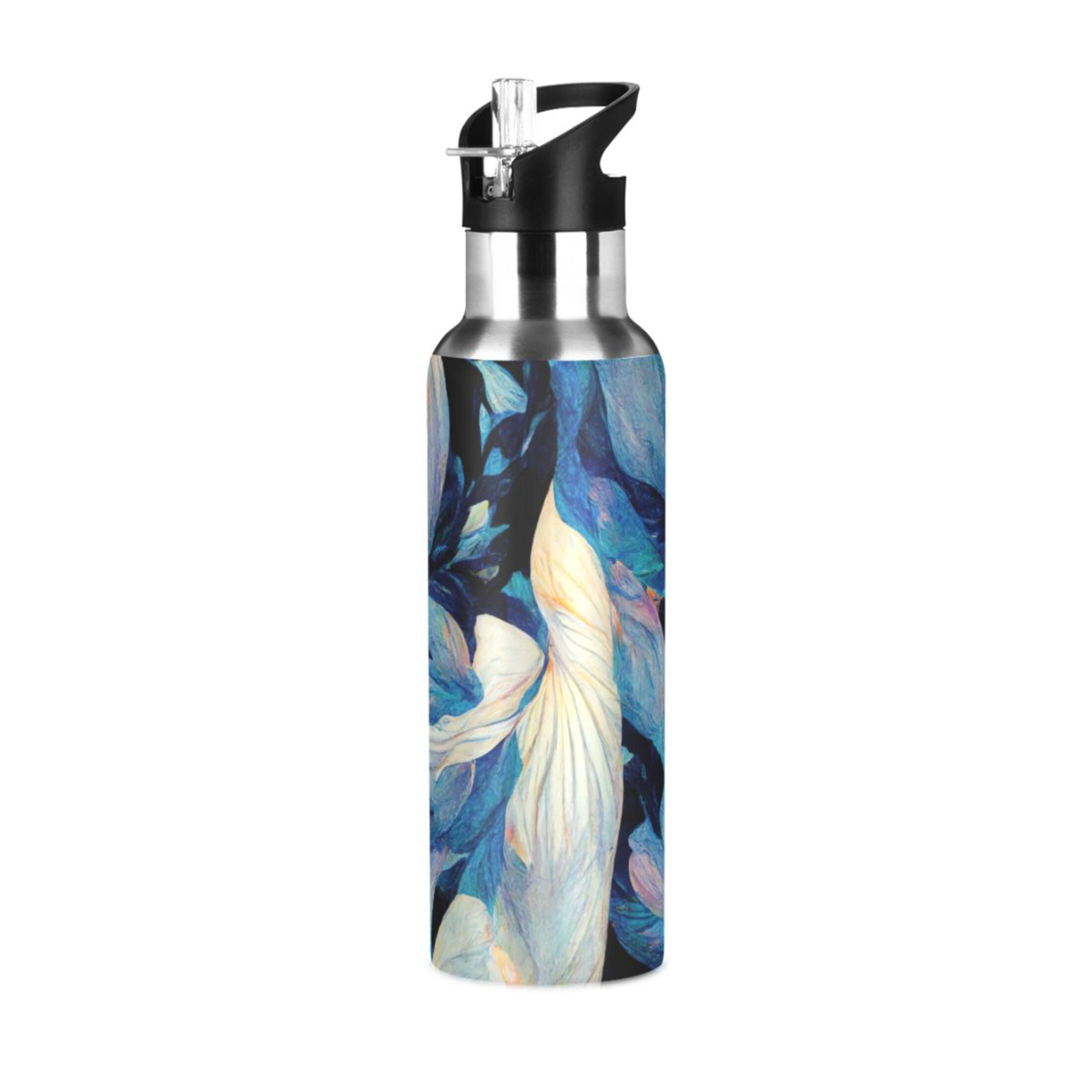 Stainless Steel Water Bottle Abstract Art Flower with Straw Lid Vacuum ...