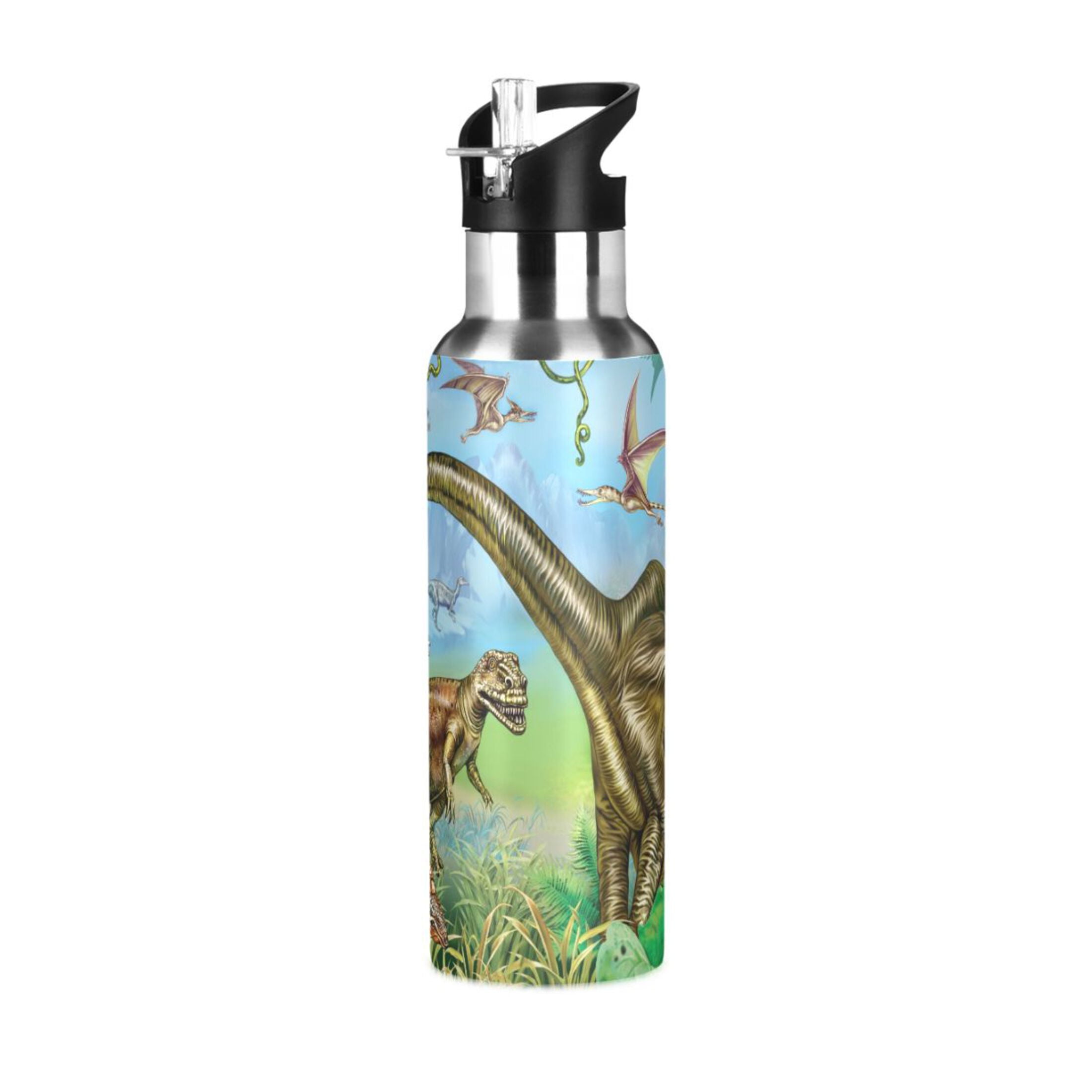 Stainless Steel Water Bottle Ancient World Giant Dinosaurs with Straw ...