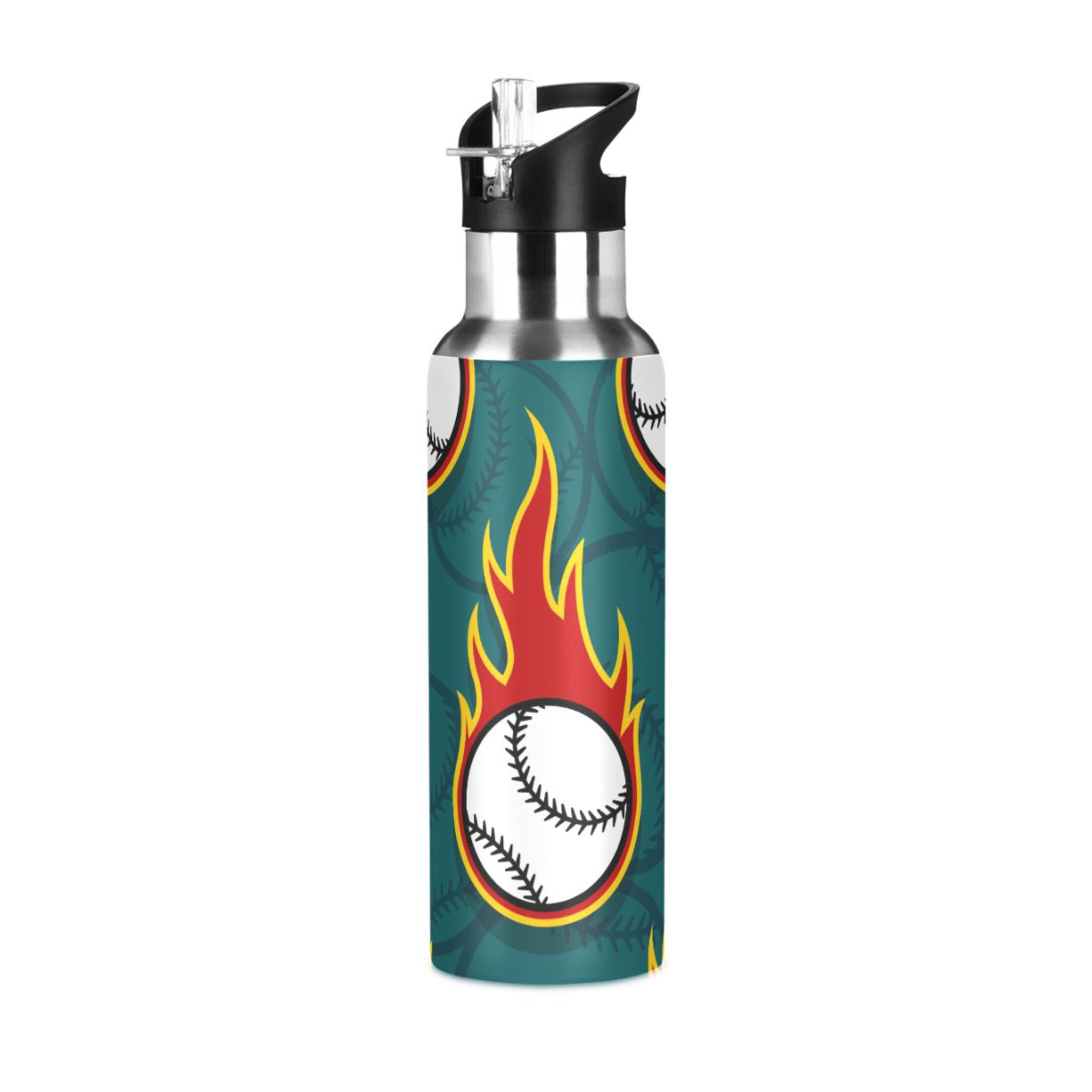 Stainless Steel Water Bottle Flaming Baseball on Green with Straw Lid ...