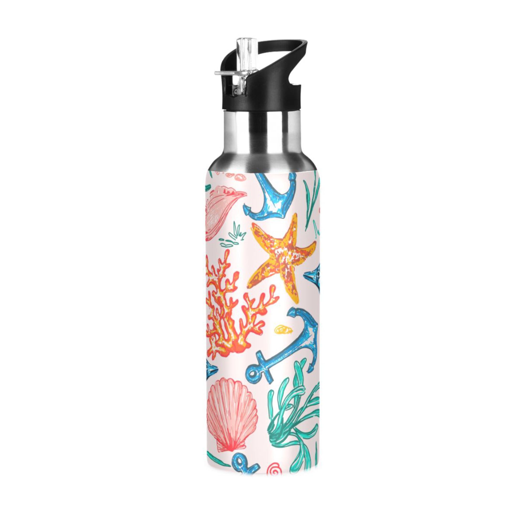 Stainless Steel Water Bottle Shell Fish Anchor Seaweed with Straw Lid ...