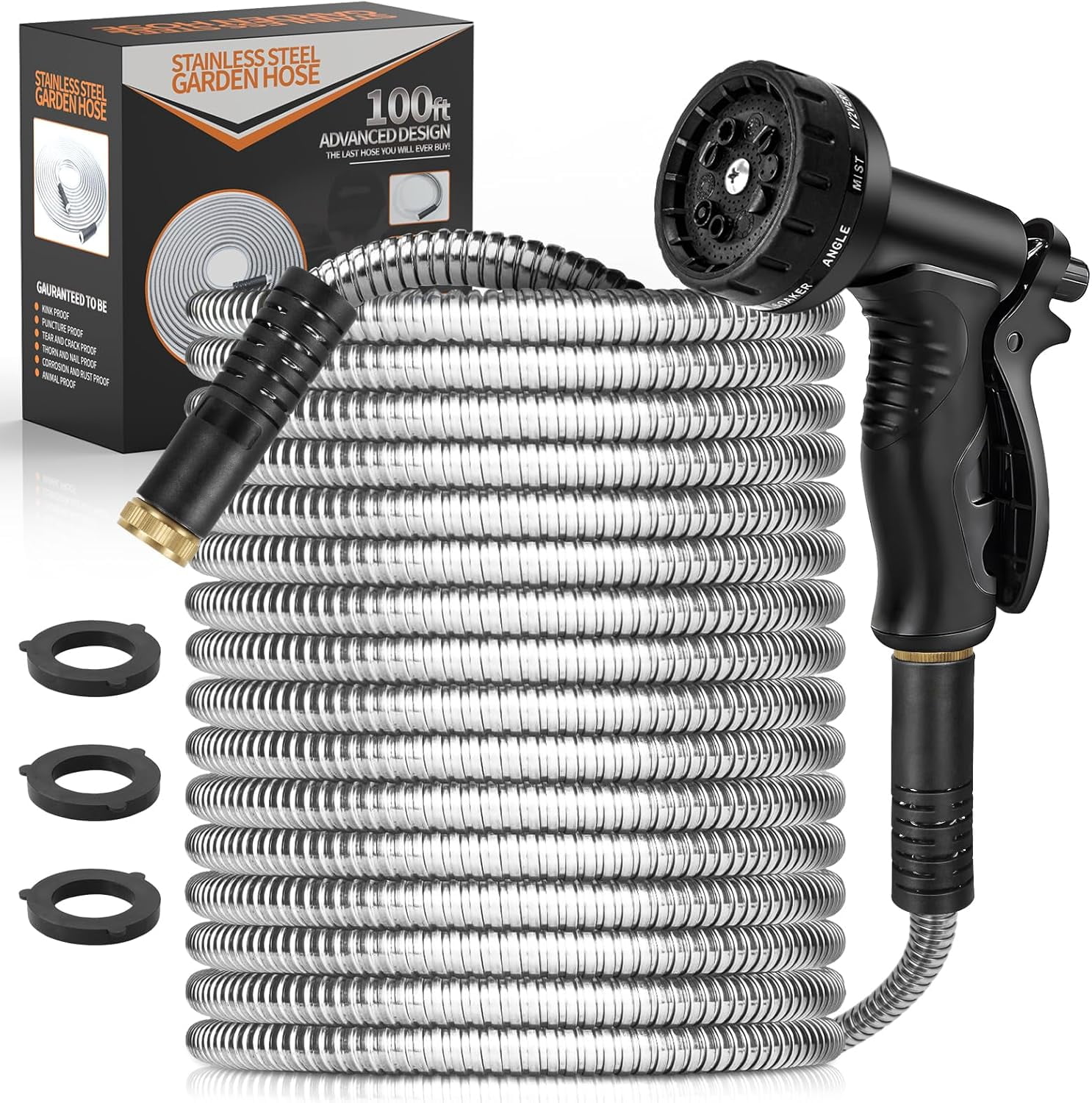 Stainless Steel Water Hose 100ft, Metal Garden Hose with Nozzle for ...