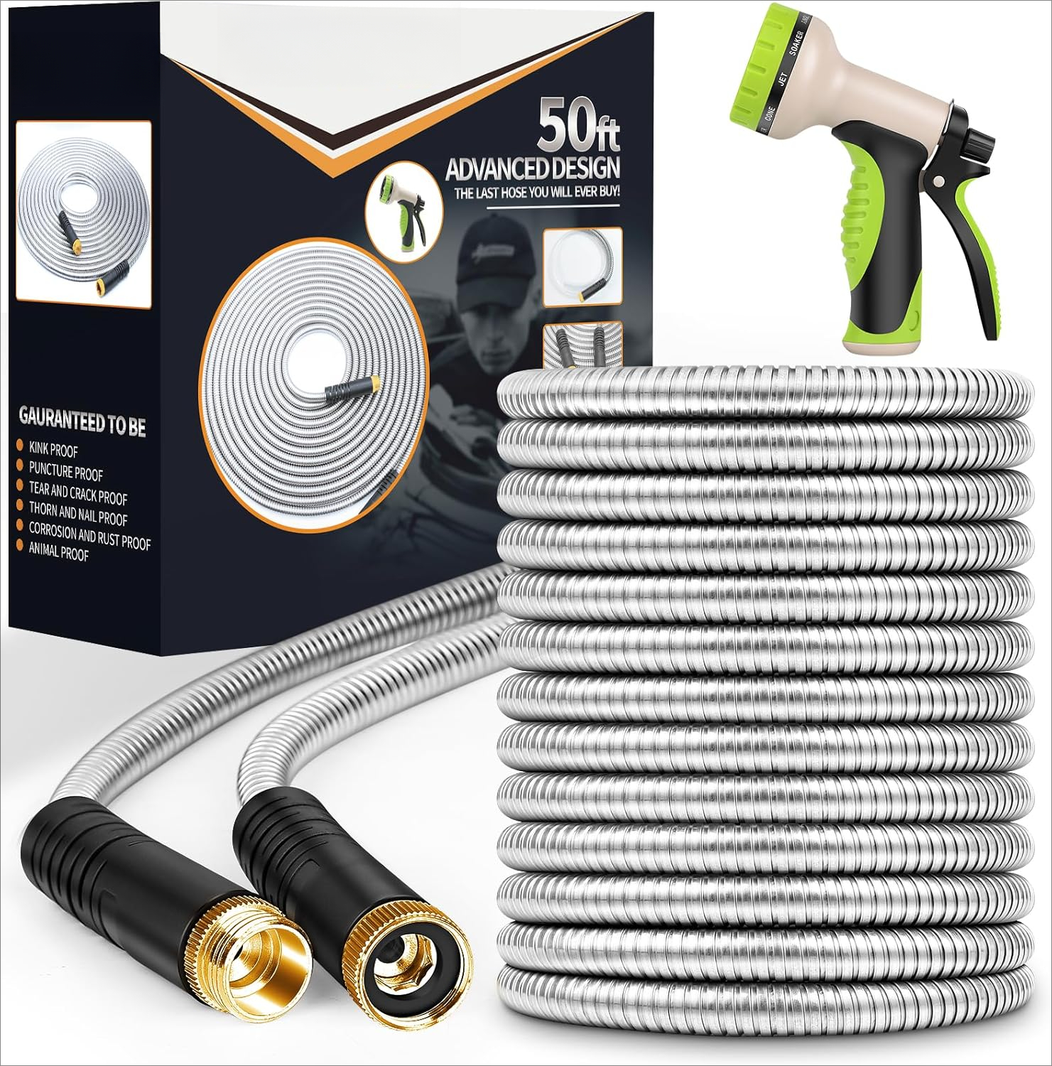 Stainless Steel Water Hose with 10 Function Nozzle Flexible, Heavy Duty ...