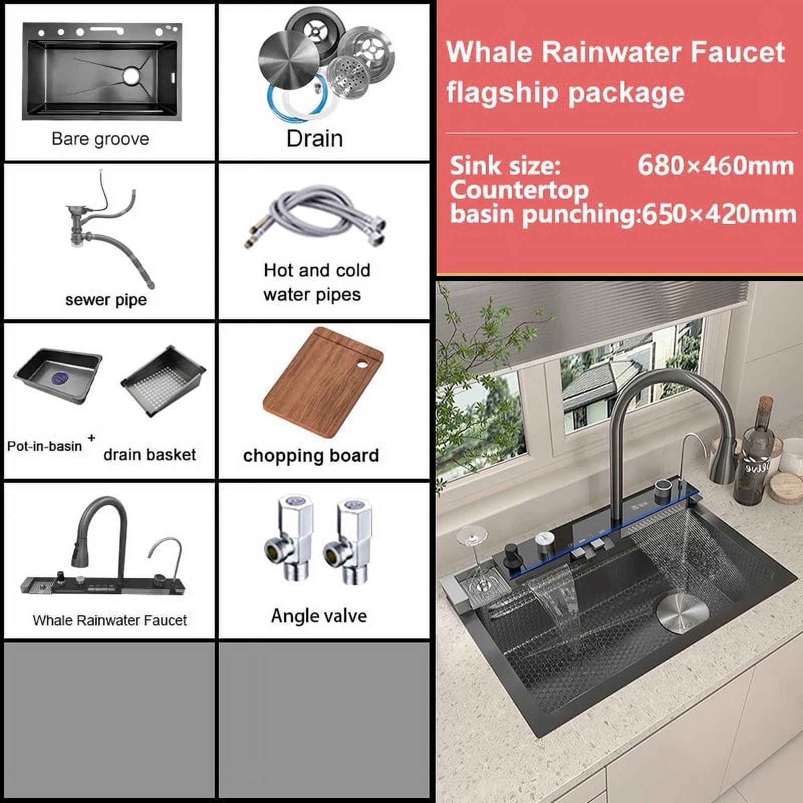 Stainless Steel Waterfall Kitchen Sink Large Single Slot Integrated ...