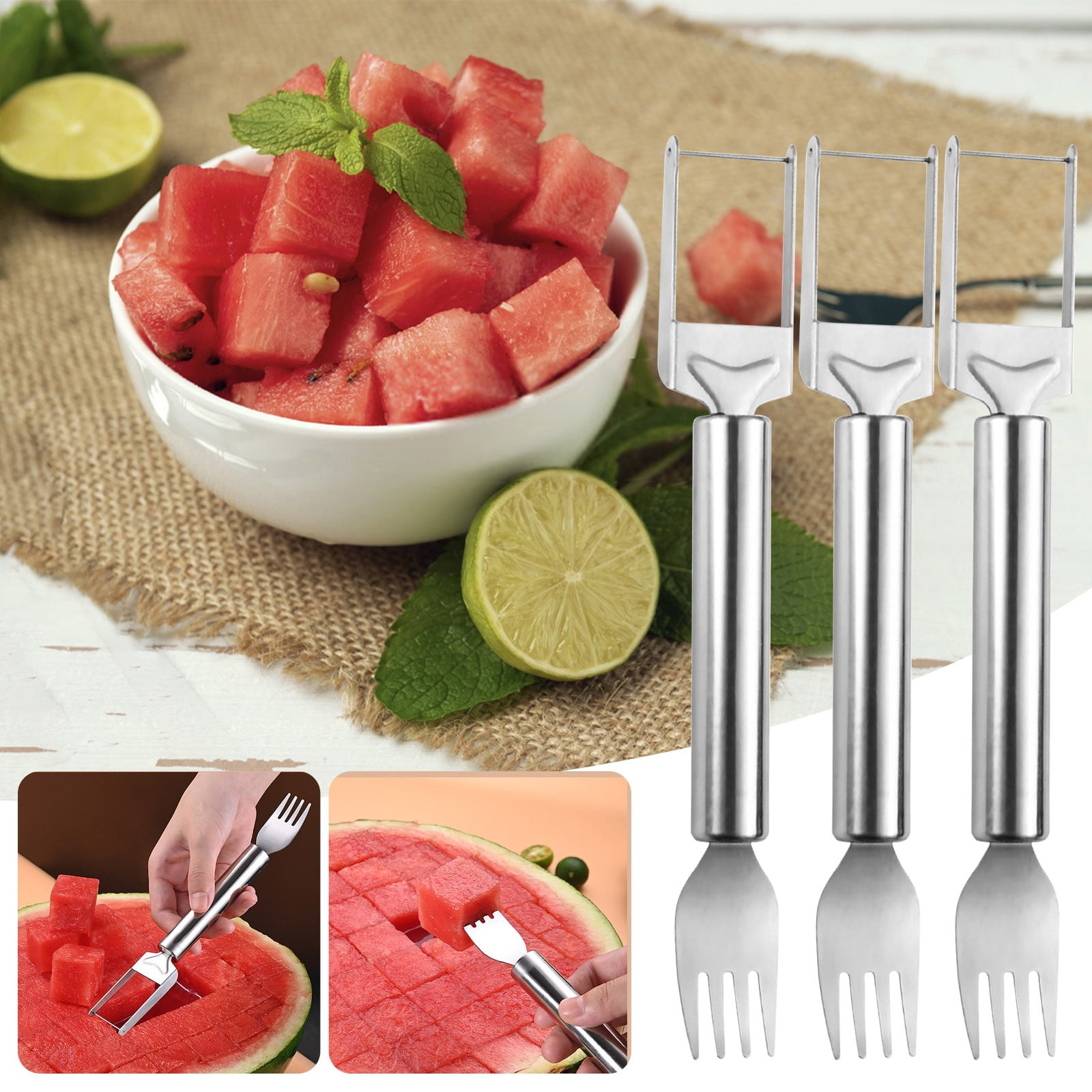 Stainless Steel Watermelon Cutter & Fork - 2-in-1 Melon Divider Tool with Round Tube Handle ...