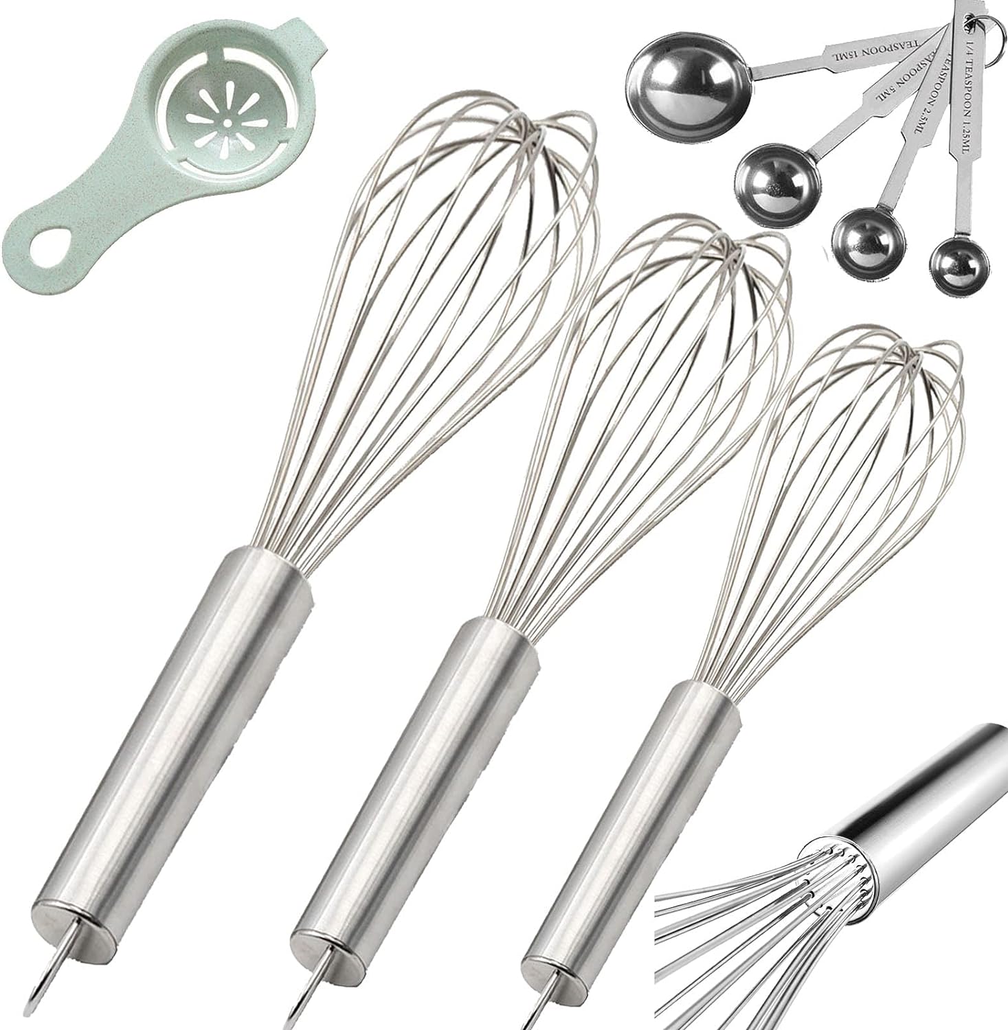 Stainless Steel Whisk Set with Measuring Spoon - 12+10+8 Wire Whisk for ...