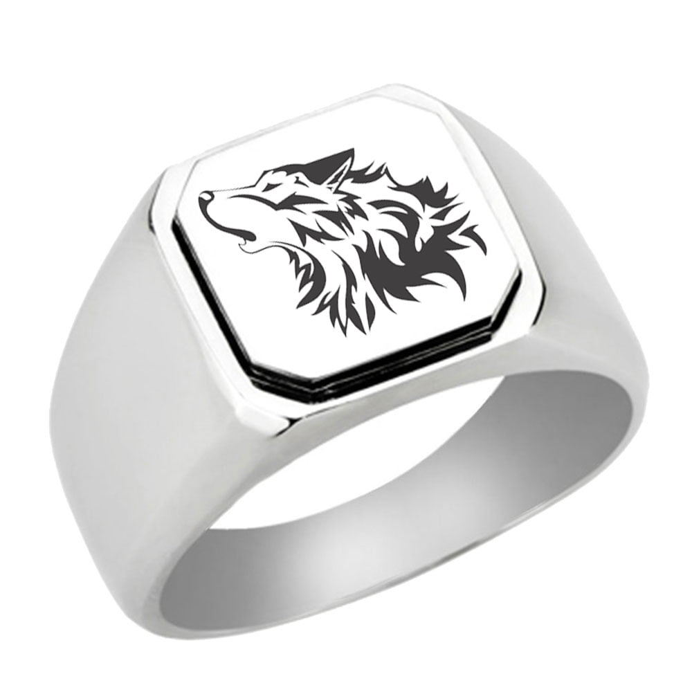 Stainless Steel Wolf Head Engraved Signet Ring - Walmart.com