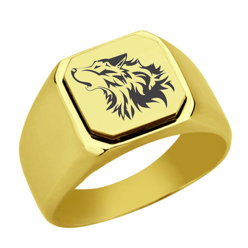 Stainless Steel Wolf Head Engraved Signet Ring - Walmart.com
