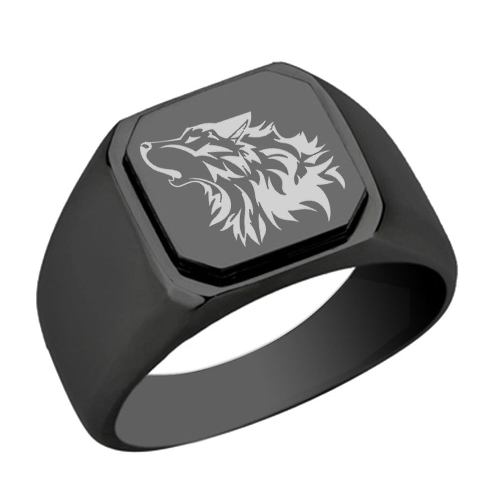 Stainless Steel Wolf Head Engraved Signet Ring - Walmart.com