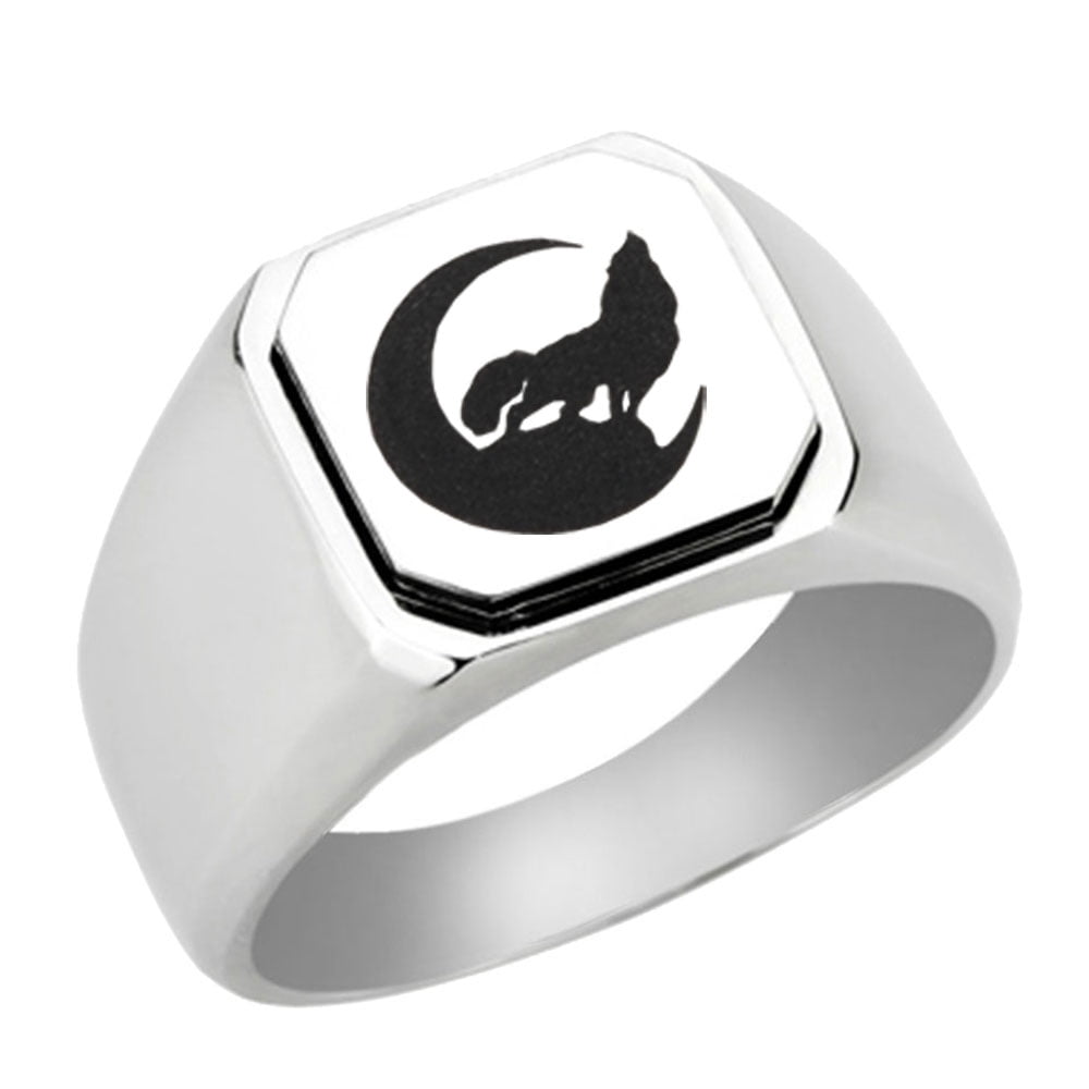Stainless Steel Wolf Moon Engraved Signet Ring - Walmart.com