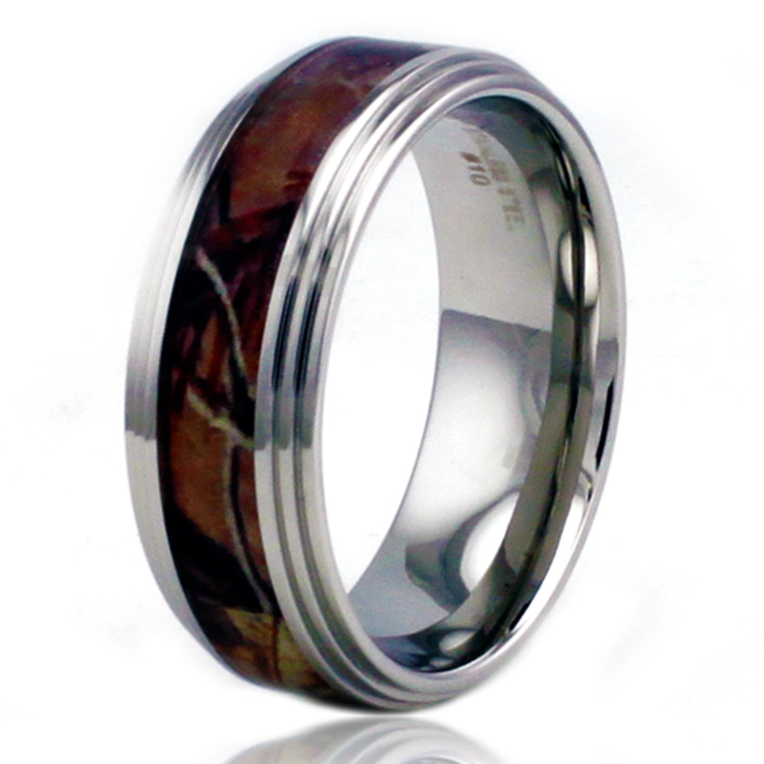 Tioneer Stainless Steel Wood Camouflage Step Down Edge Wedding Band ...