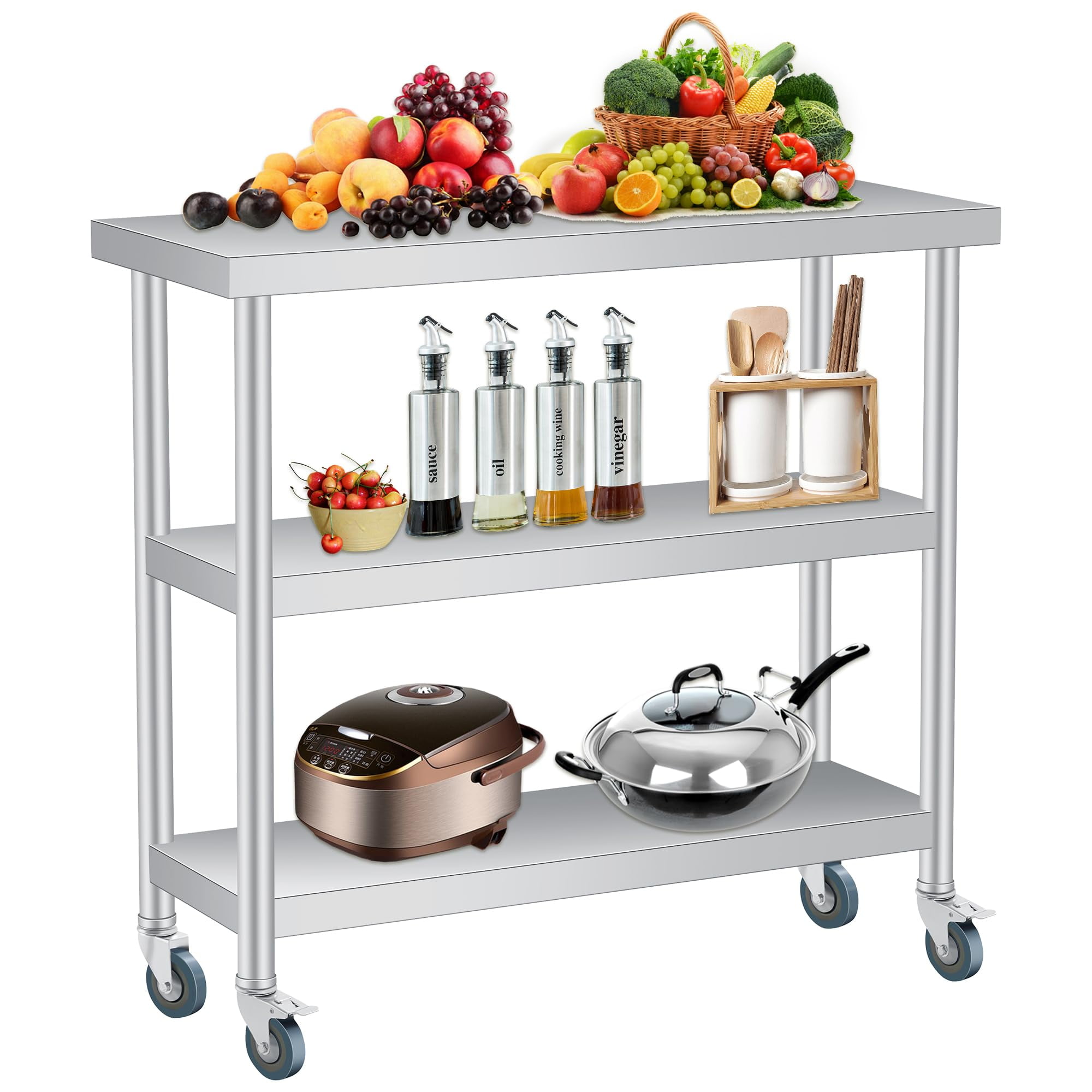 Stainless Steel Work Table, 3-Shelf Commercial Food Prep Table, Rust ...