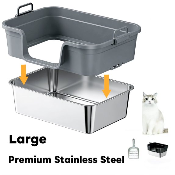 Stainless Steel XL Cat Litter Box with High Sides & Locking Lid - Heavy ...