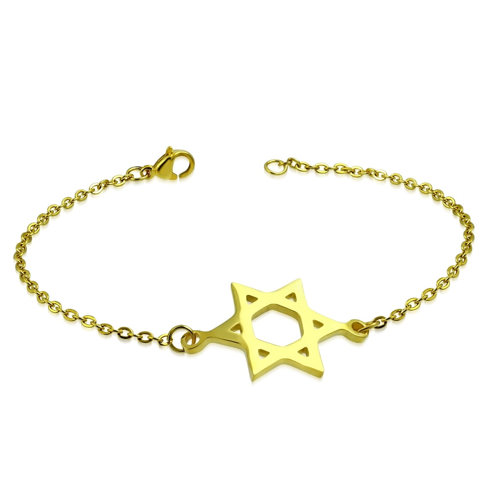 Stainless Steel Yellow Gold-Tone Jewish Star of David Chain Bracelet, 7 ...