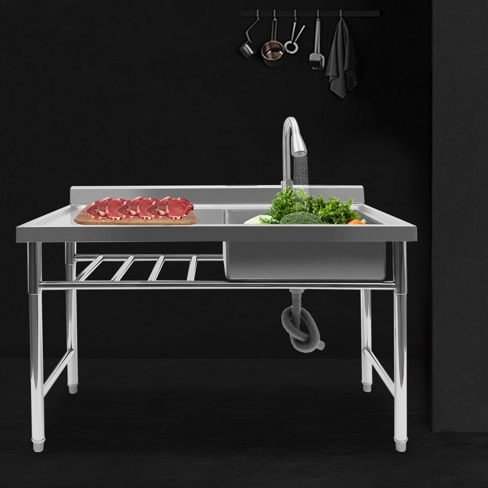 Stainless Steel Thickened Commercial Sink Prep Table W/ 360° Faucet ...