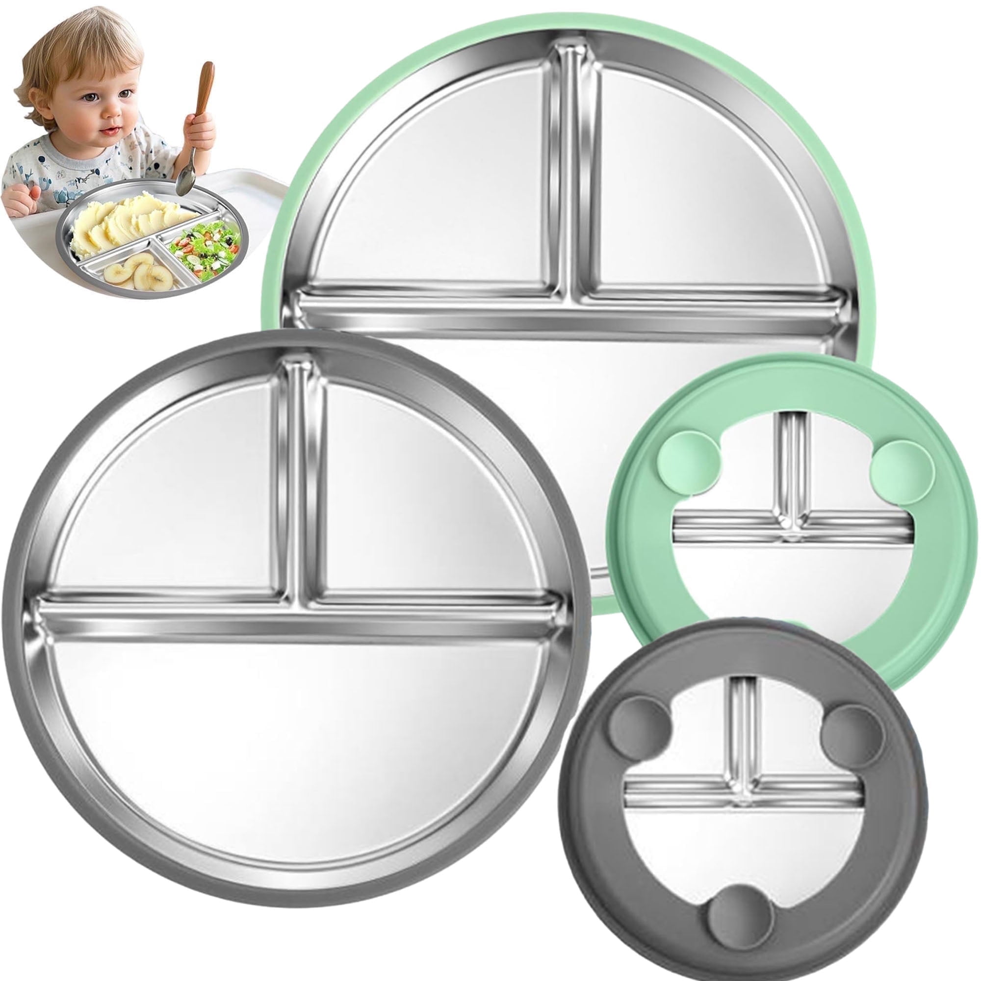 Gofinoday Stainless Steel Baby Plates with Suction | 9” Divided Toddler ...