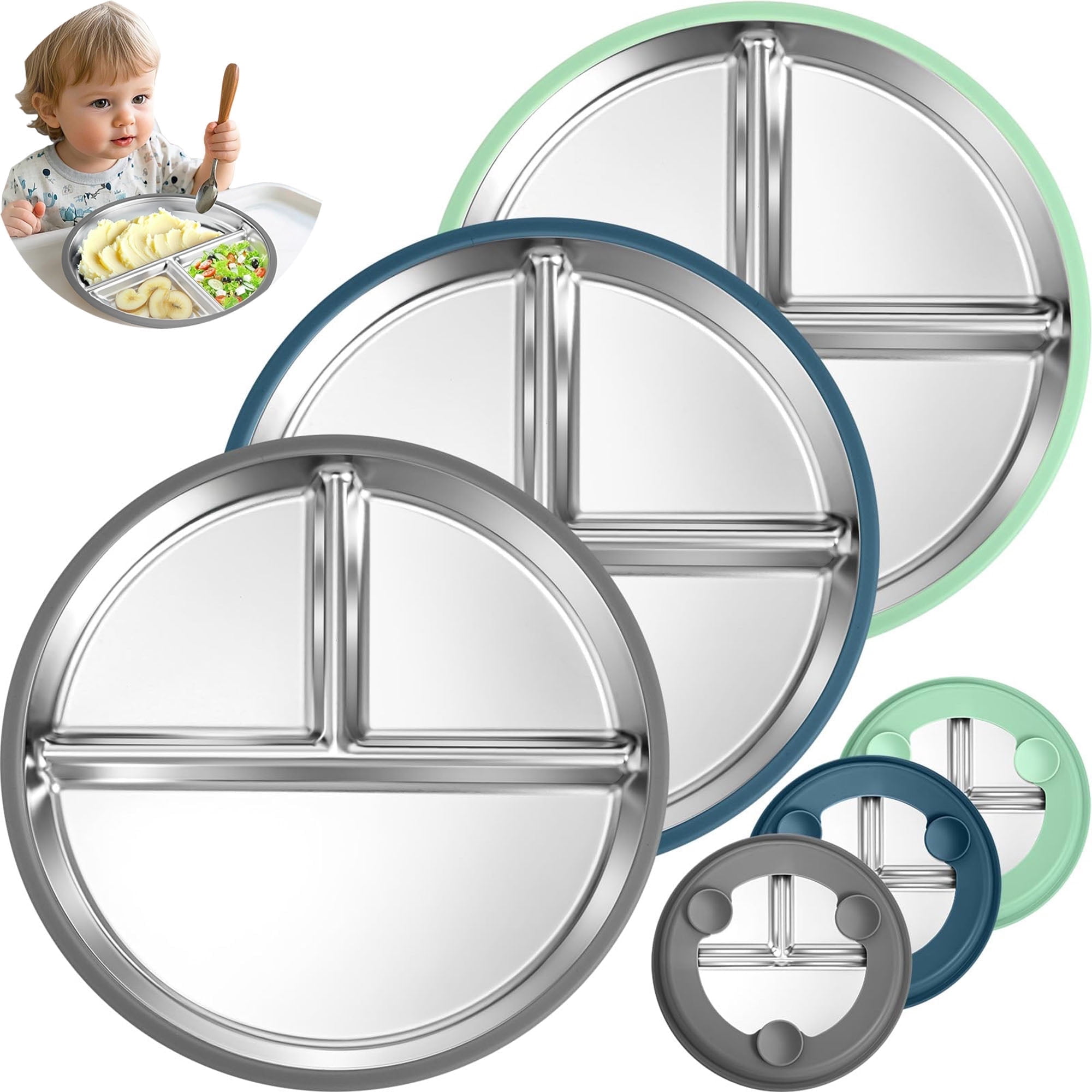 Stainless steel baby plates with suction - 9” Divided Toddler Baby ...