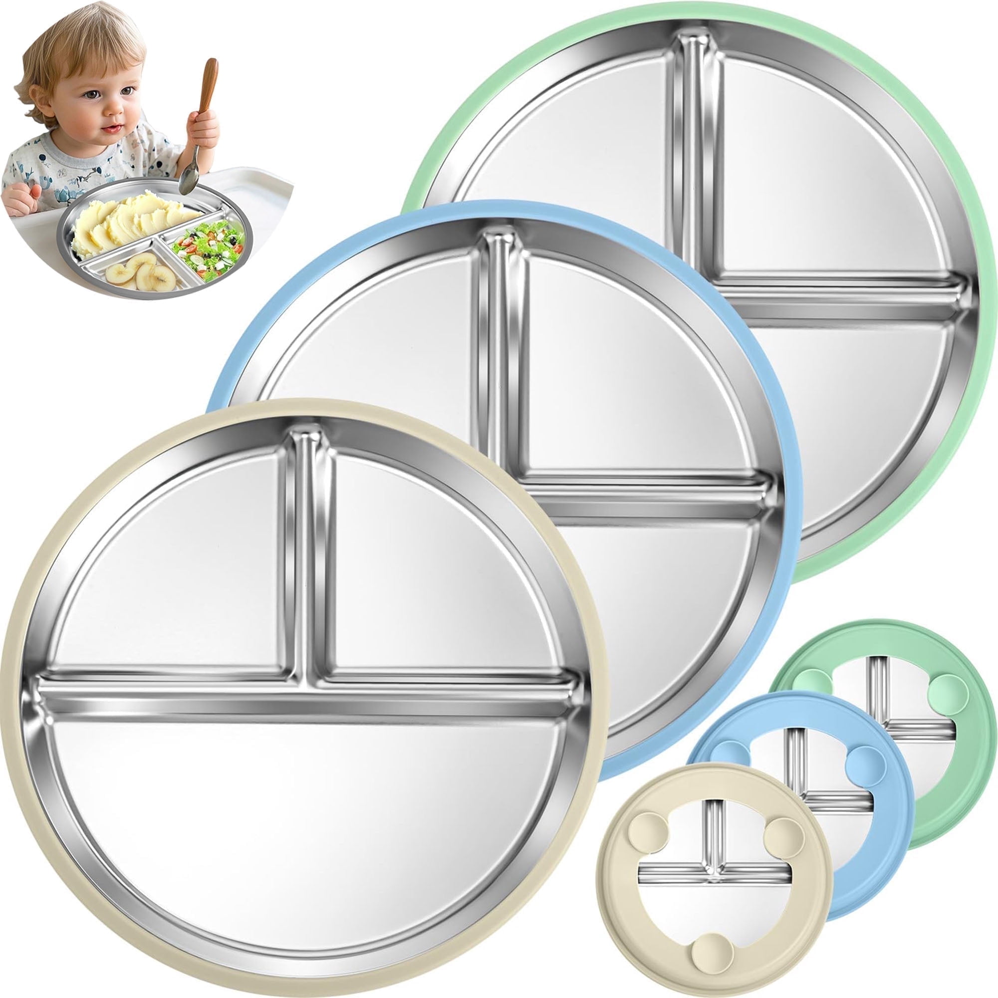 Gofinoday Stainless Steel Baby Plates with Suction | 9” Divided Toddler ...