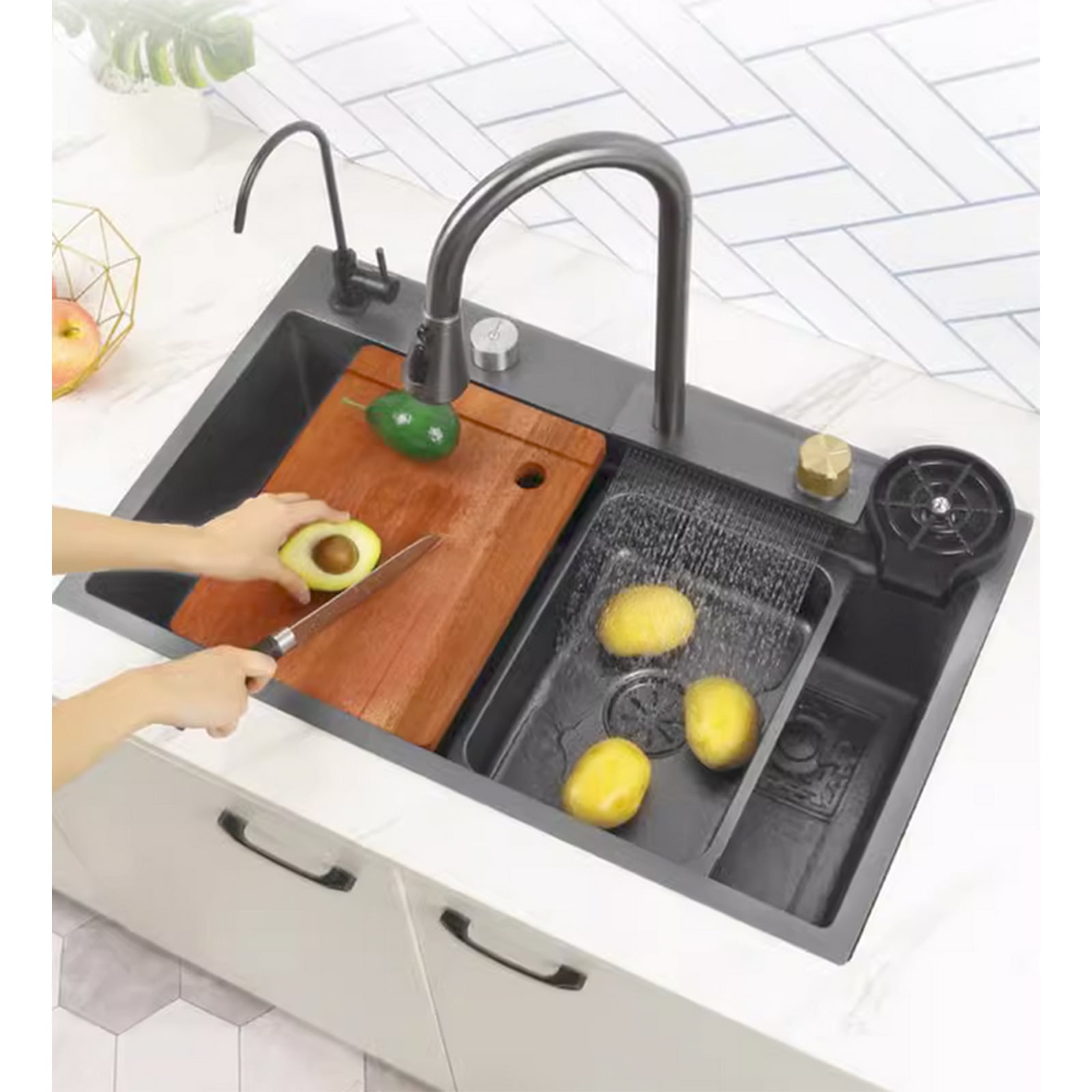 Stainless steel kitchen hot and cold sink waterfall water outlet single ...