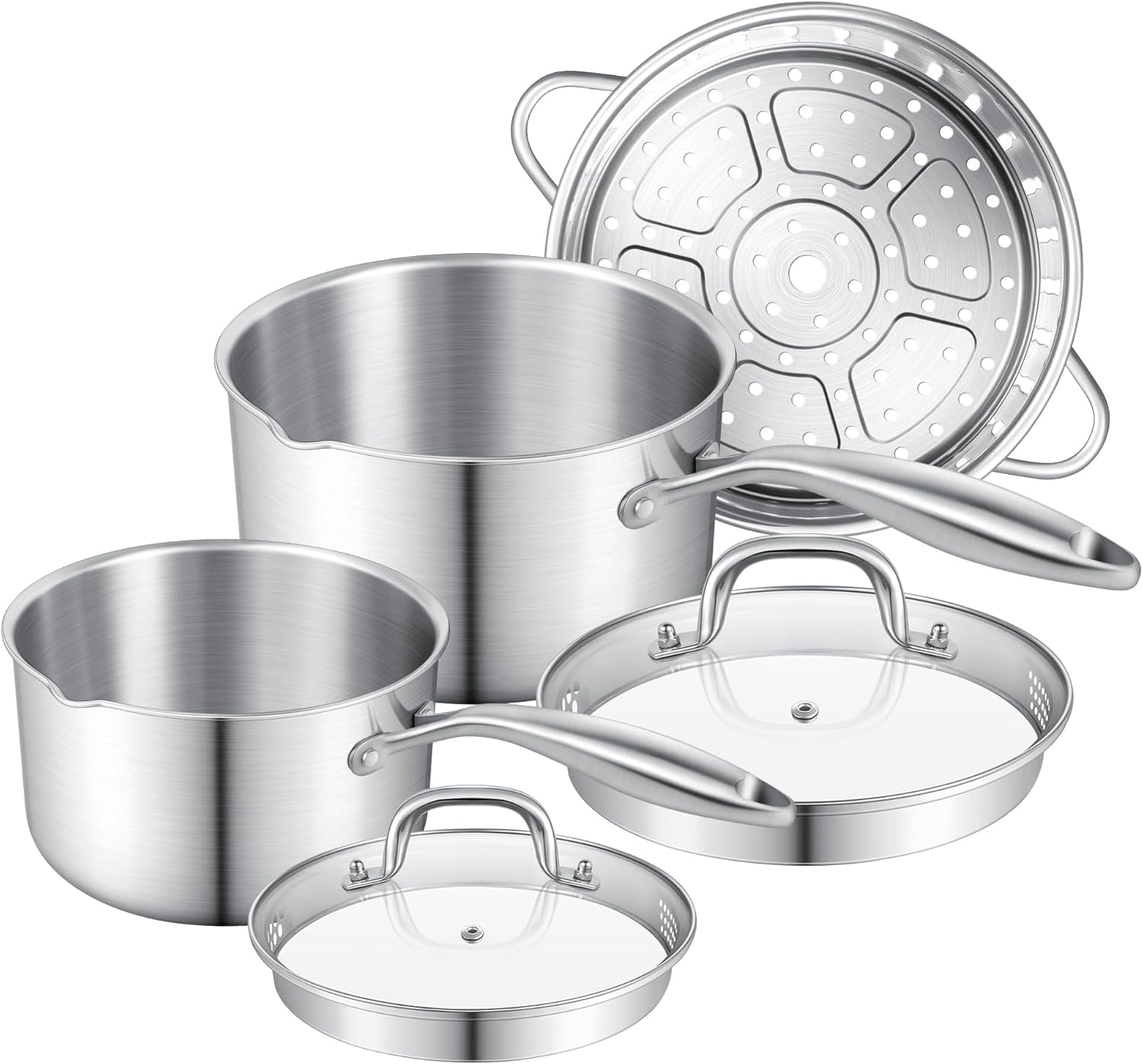 Stainless steel pan with steamer, three-layer construction, multi ...