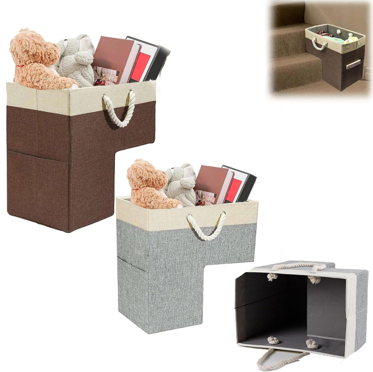 Stair Basket for Stairs with Handle, Staircase Baskets for Carpeted and ...