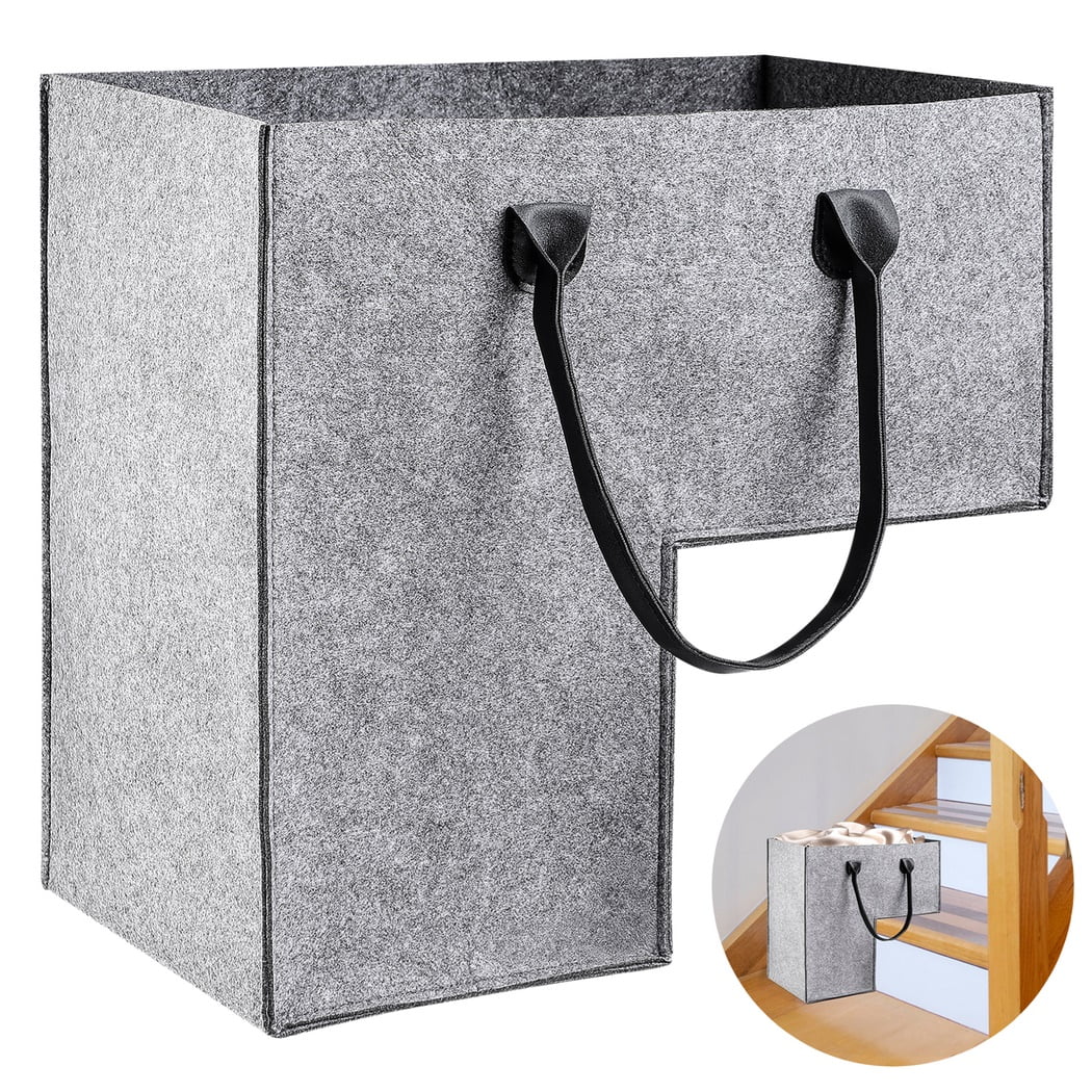 "16"" Foldable Felt Stair Basket with Leather Handles, Ideal for Home ...