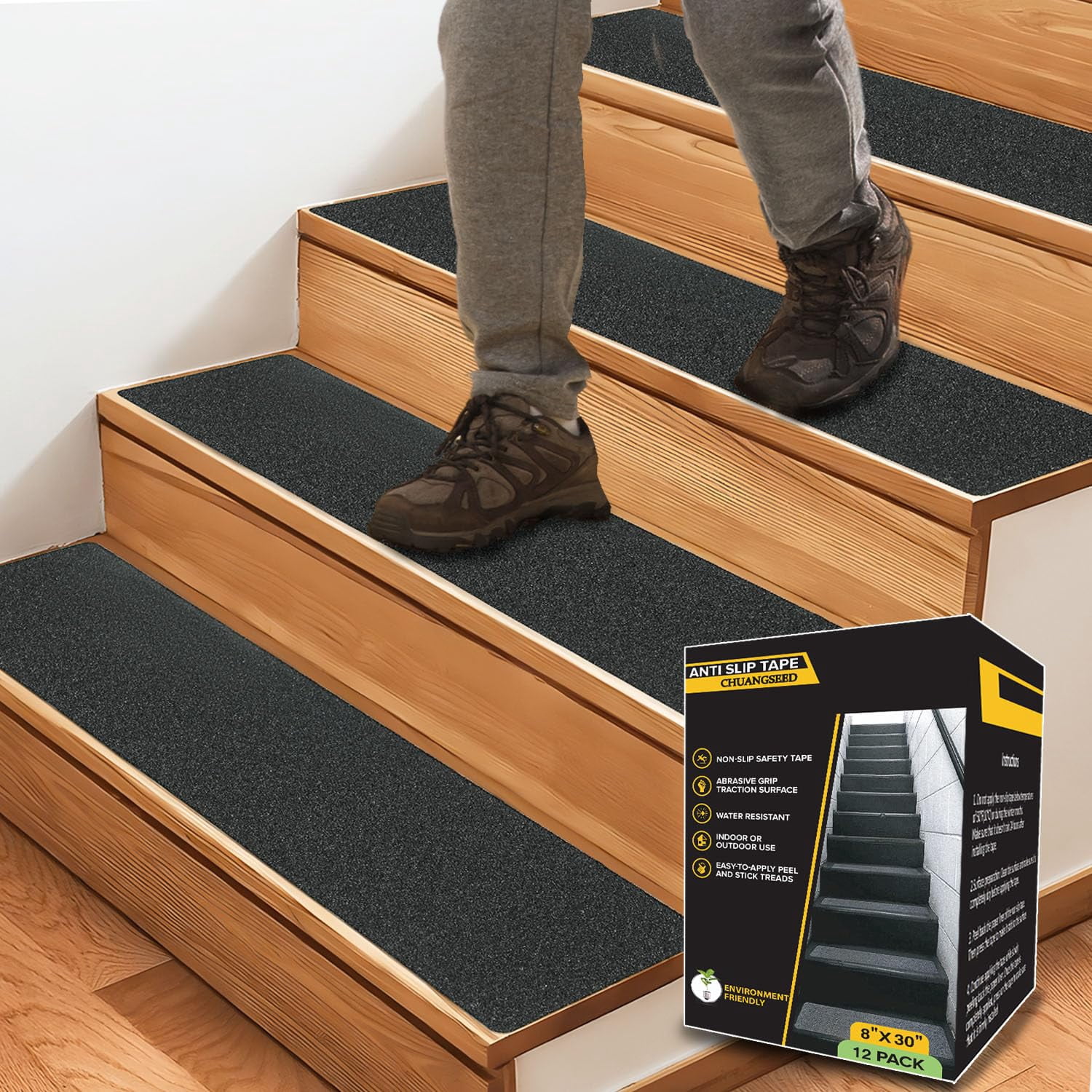 Stair Non-Slip Tape 8'' x 30'' (12-Pack), Heavy Duty Black Grit Anti ...