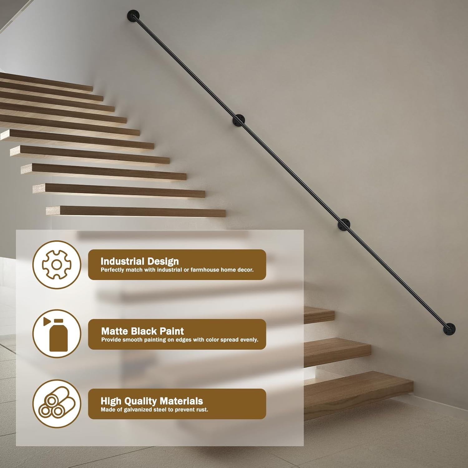 Stair Railing 10FT Metal Staircase Handrail for Outdoor Steps, Black ...