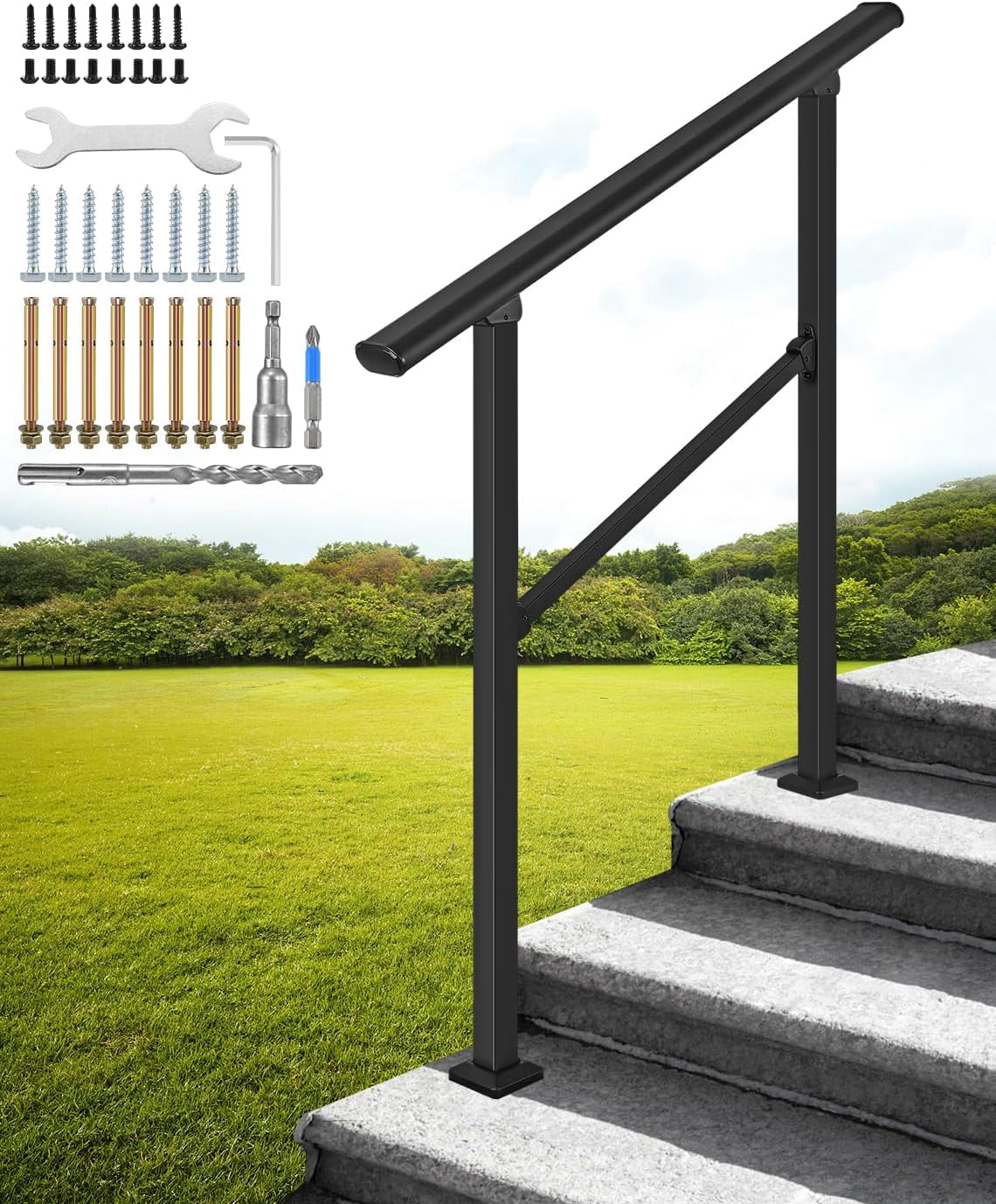 Stair Railing, Handrails for Outdoor Steps, Fits 2 to 4 Steps, Black ...