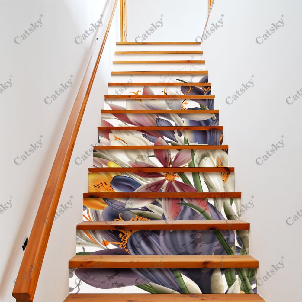 Stair Stickers Black and White Flowers Stair Floor Stickers Waterproof ...