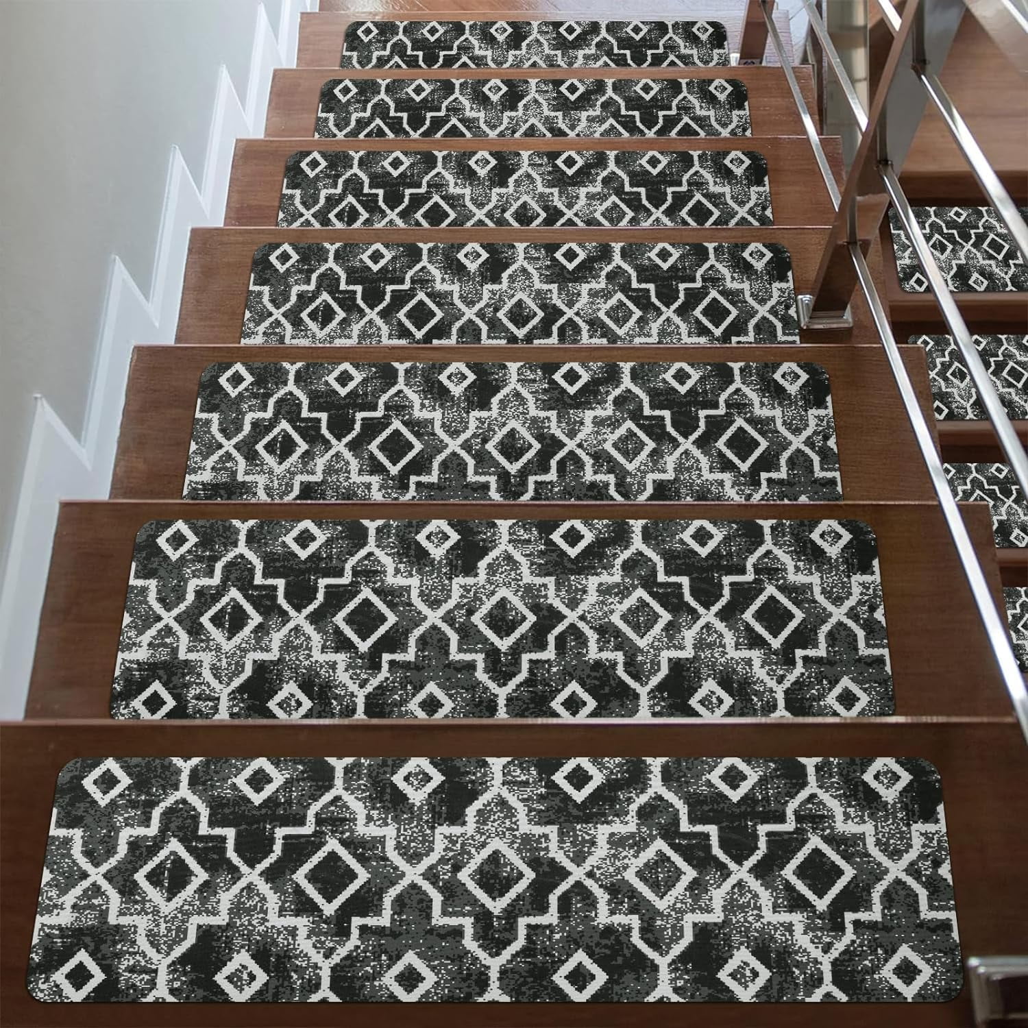 Stair Treads Non Slip for Wooden Steps 8"x30" Black Irregular Geometry ...