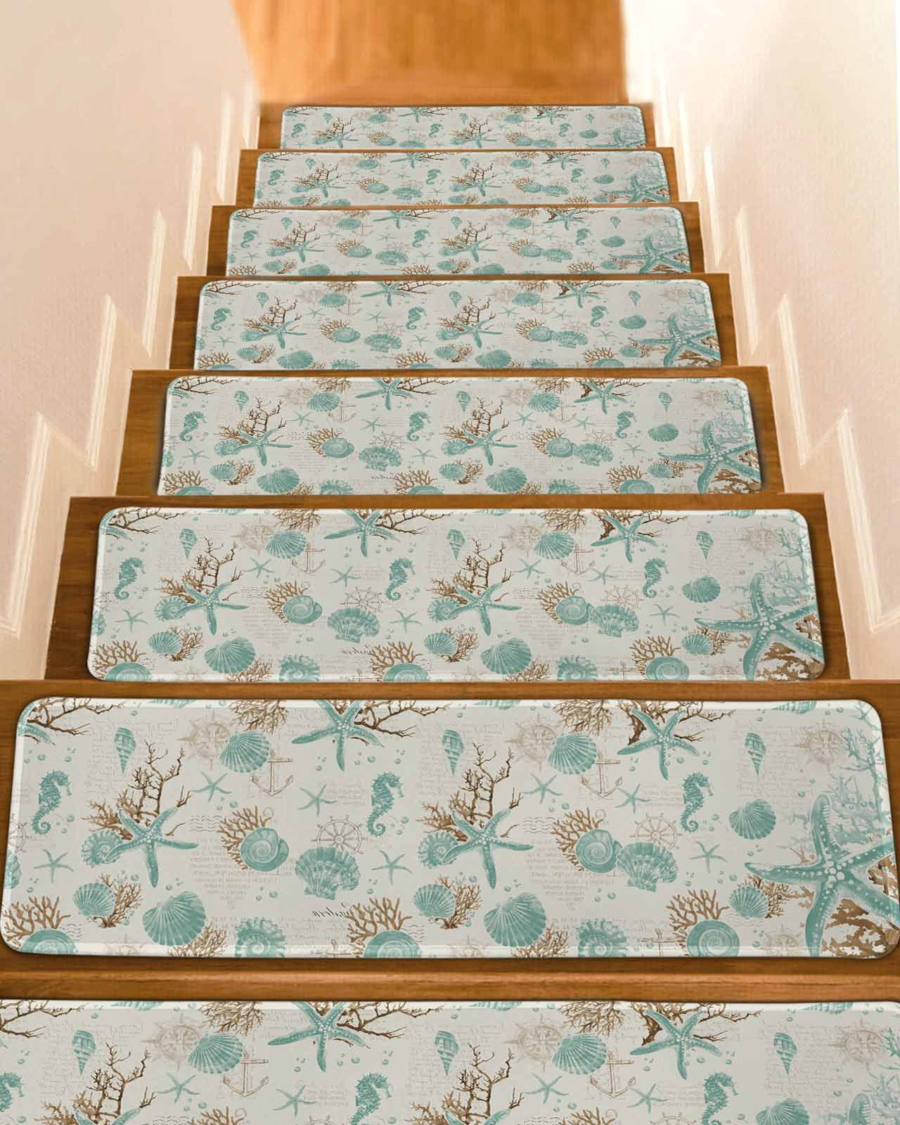 Stair Treads for Wooden Steps, Aqua Coastal Starfish Peel and Stick ...