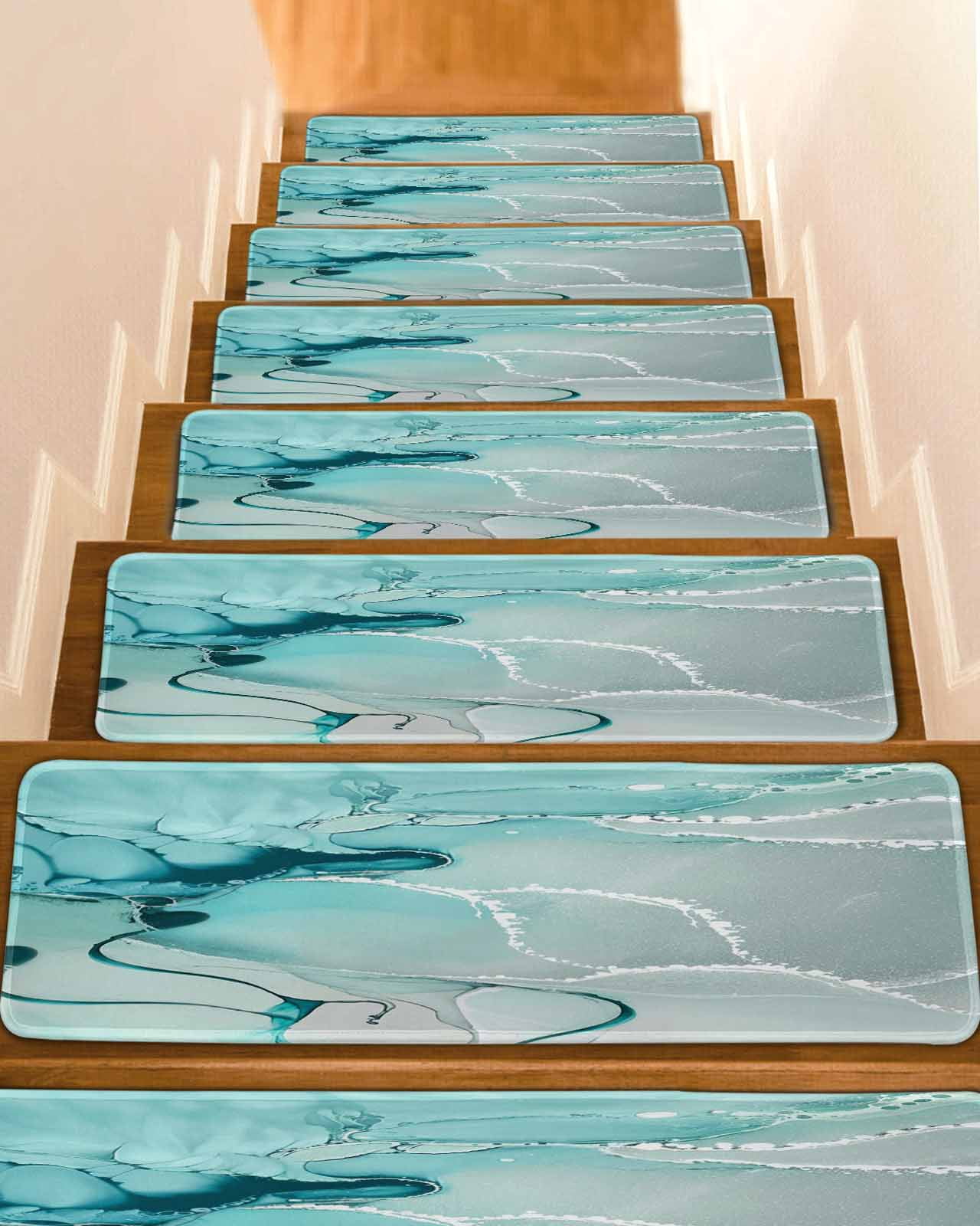 Stair Treads for Wooden Steps, Aqua Marble Peel and Stick Stair Treads ...